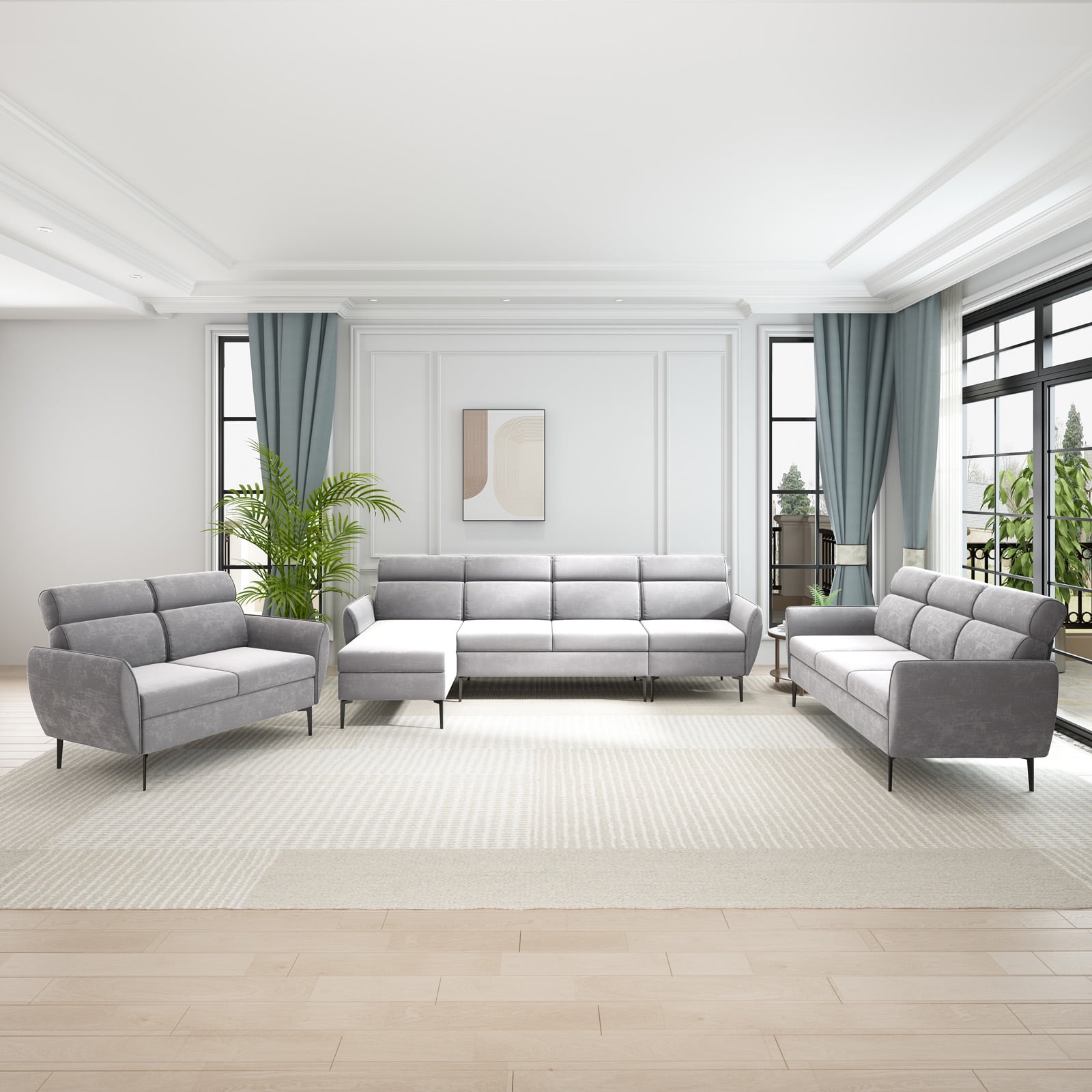 ZAFLY Sectional Sofa Sets for Living Room, Linen Fabric Sofa with Metal ...