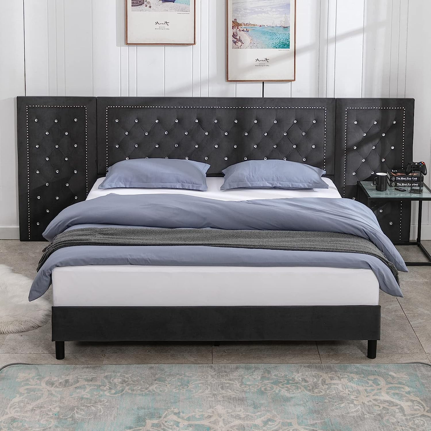 ZAFLY Upholstered King Size Bed Frame with Oversized Crystal Button ...
