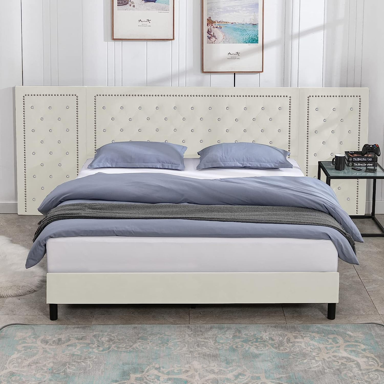 ZAFLY Queen Size Bed Frame - Upholstered with Riveting Crystal-Tufted ...