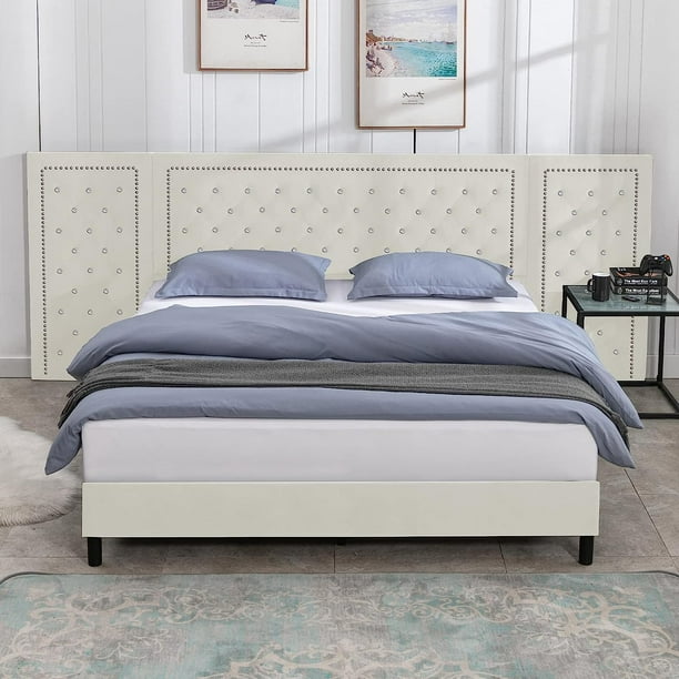 ZAFLY Upholstered Queen Size Bed Frame with Oversized Crystal Button Tufted Headboard Velvet Platform Damazy Eastern Queen Bed Wooden Slats Support No