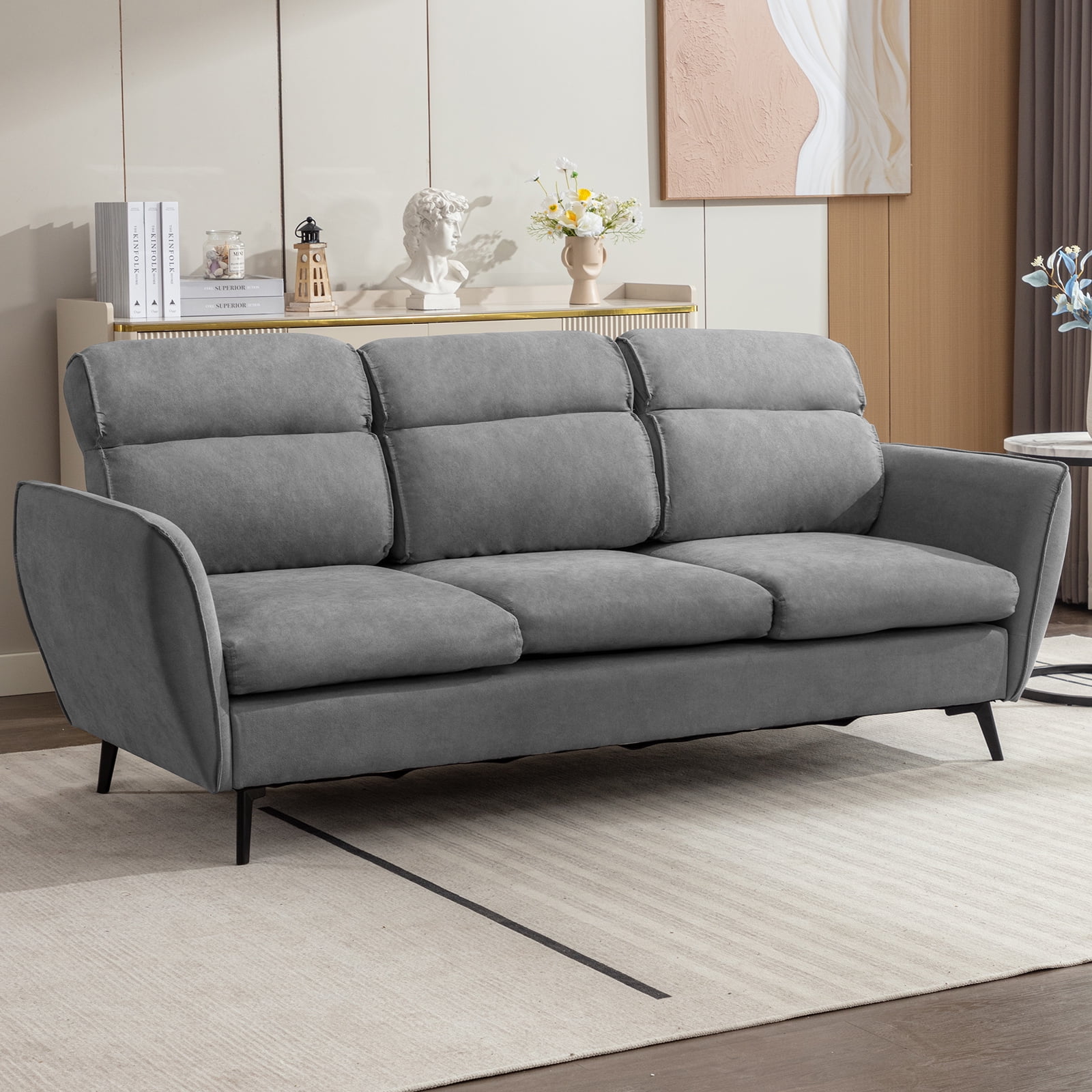 ZAFLY Upholstered Sectional Sofa, Linen 3-seater Sofa with Metal legs ...