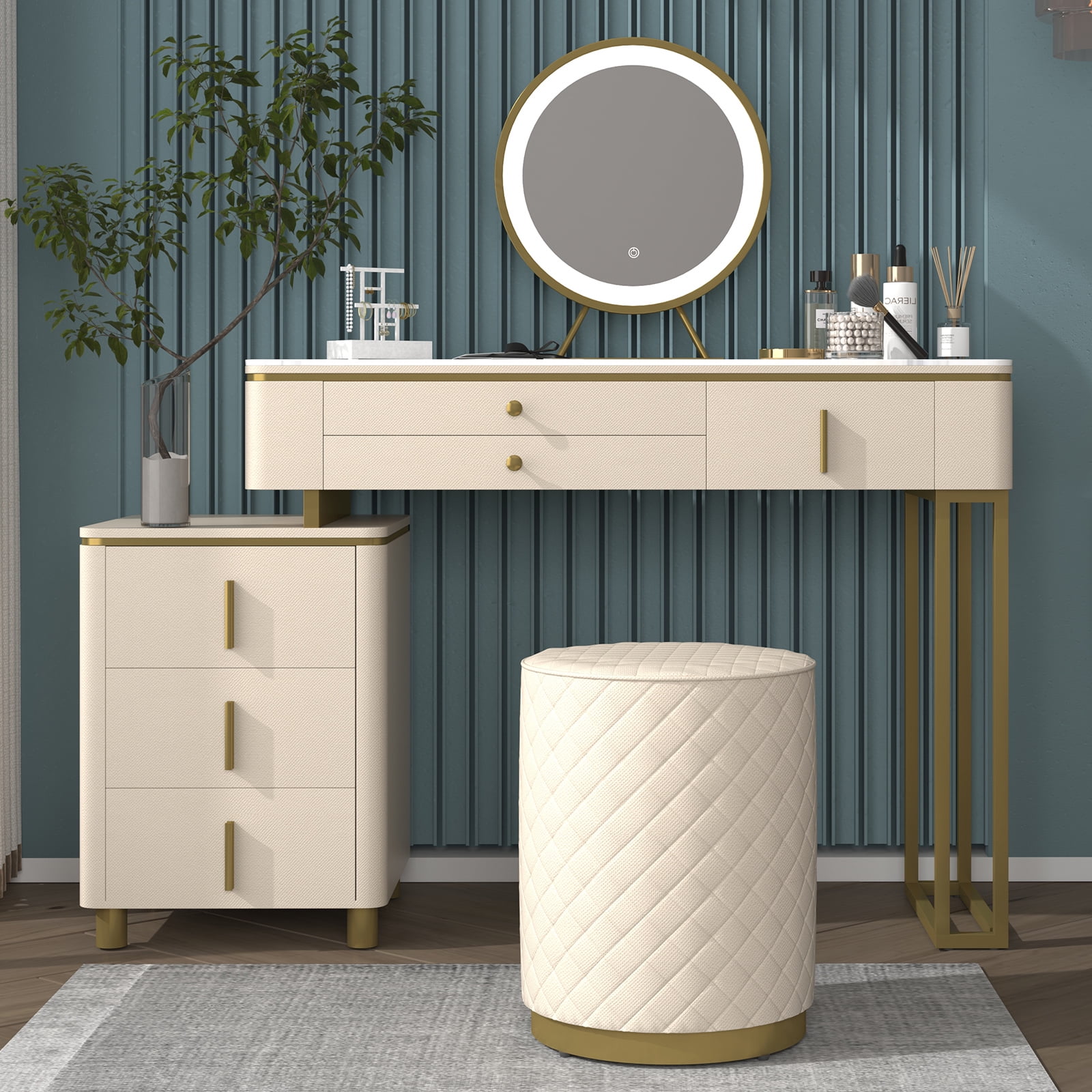 ZAFLY Luxury Vanity Set with LED Light, Mirror, Stool, Jewelry Storage ...
