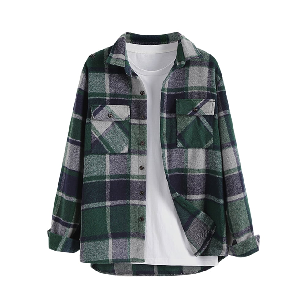 ZAFUL Plaid Pattern Pocket Patch Shacket Deep Green S - Walmart.com