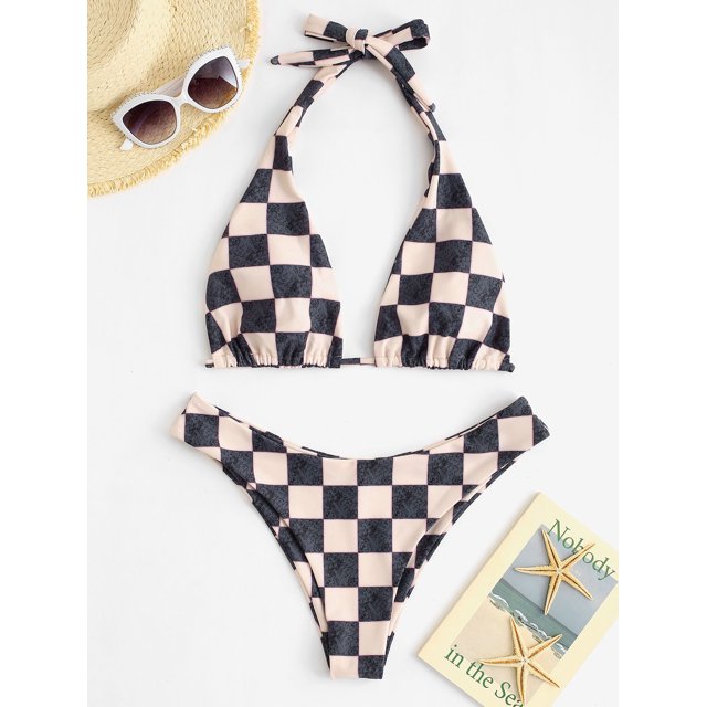 ZAFUL for Women Halter Checkerboard Bikini Swimwear Black S - Walmart.com