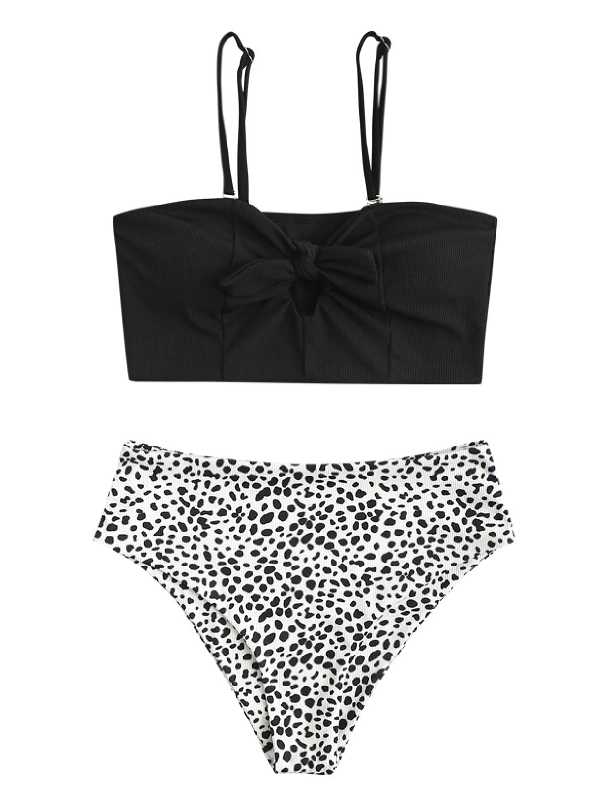 ZAFUL for Women Swimsuit or Bikini Set Ribbed Dalmatian Print Tied ...