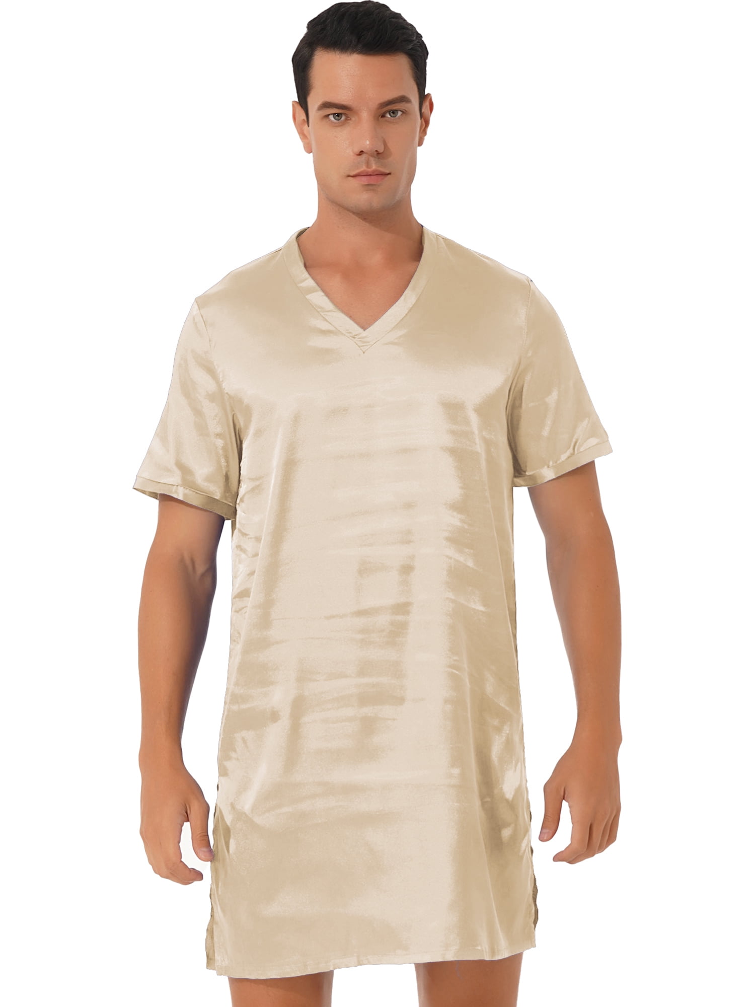 Zaldita Mens Satin Nightgowns V Neck Short Sleeve Sleepwear Pajamas Loungewear Sides Split