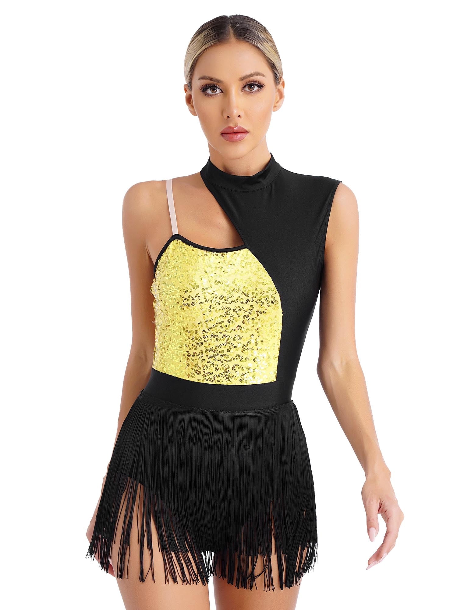 ZALDITA Womens Cutout Latin Dance Costume Sequin Tassel Leotard Dress for Jazz Salsa Tango Dance ...