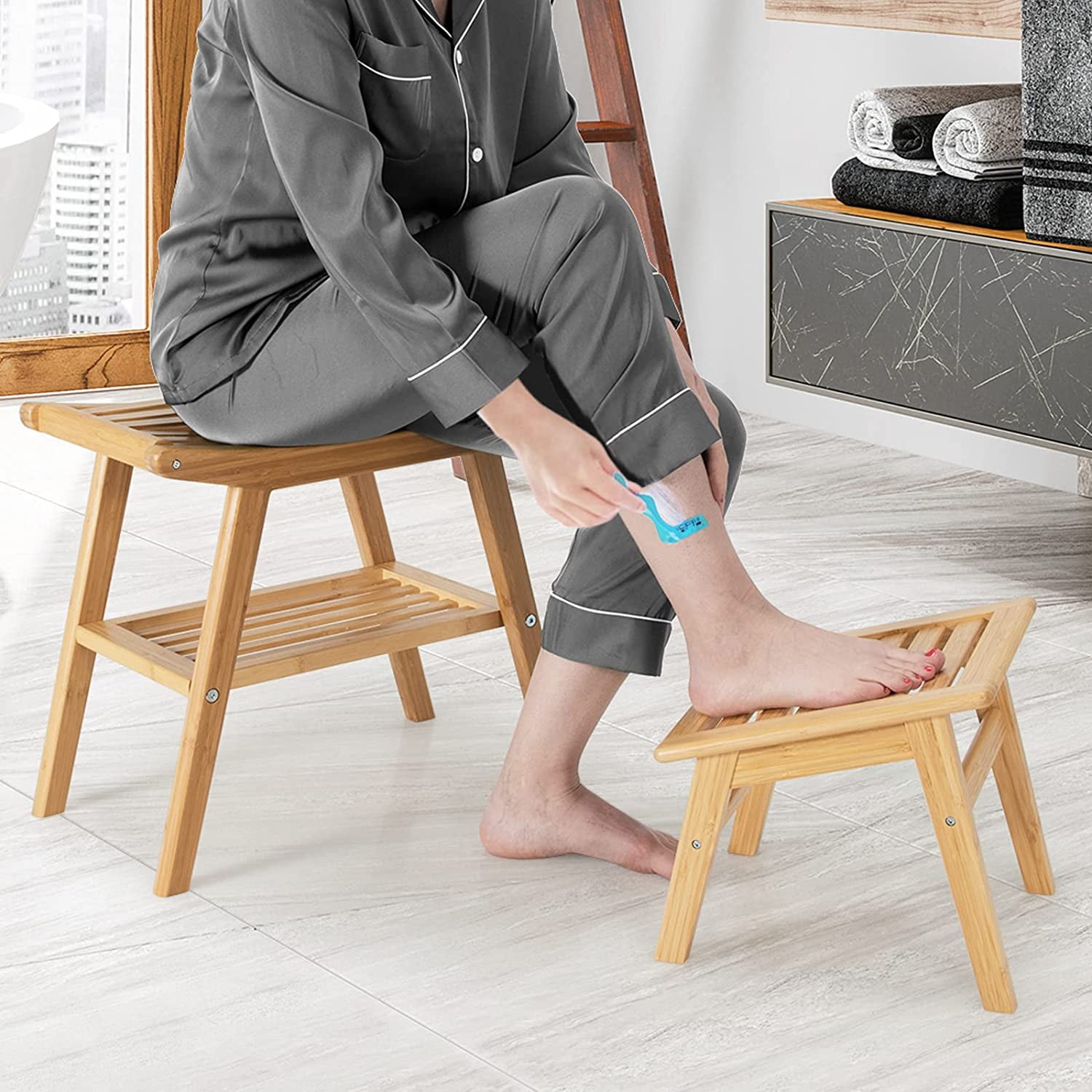 ZALIX Bamboo Shower Bench with Foot Stool, Shower Seat Bench with ...