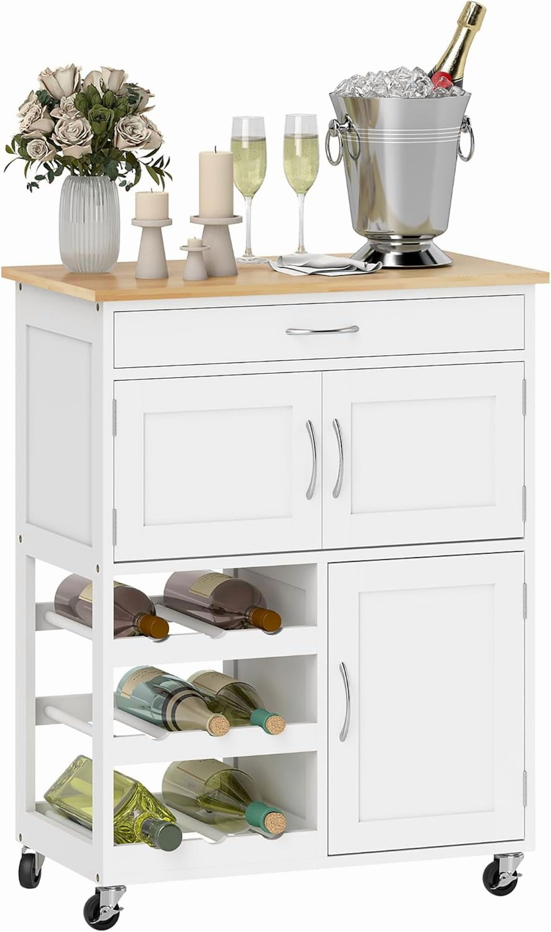 ZALIX Bar Cart Rolling Kitchen Island on Wheels with 9-Bottle Wine Rack ...