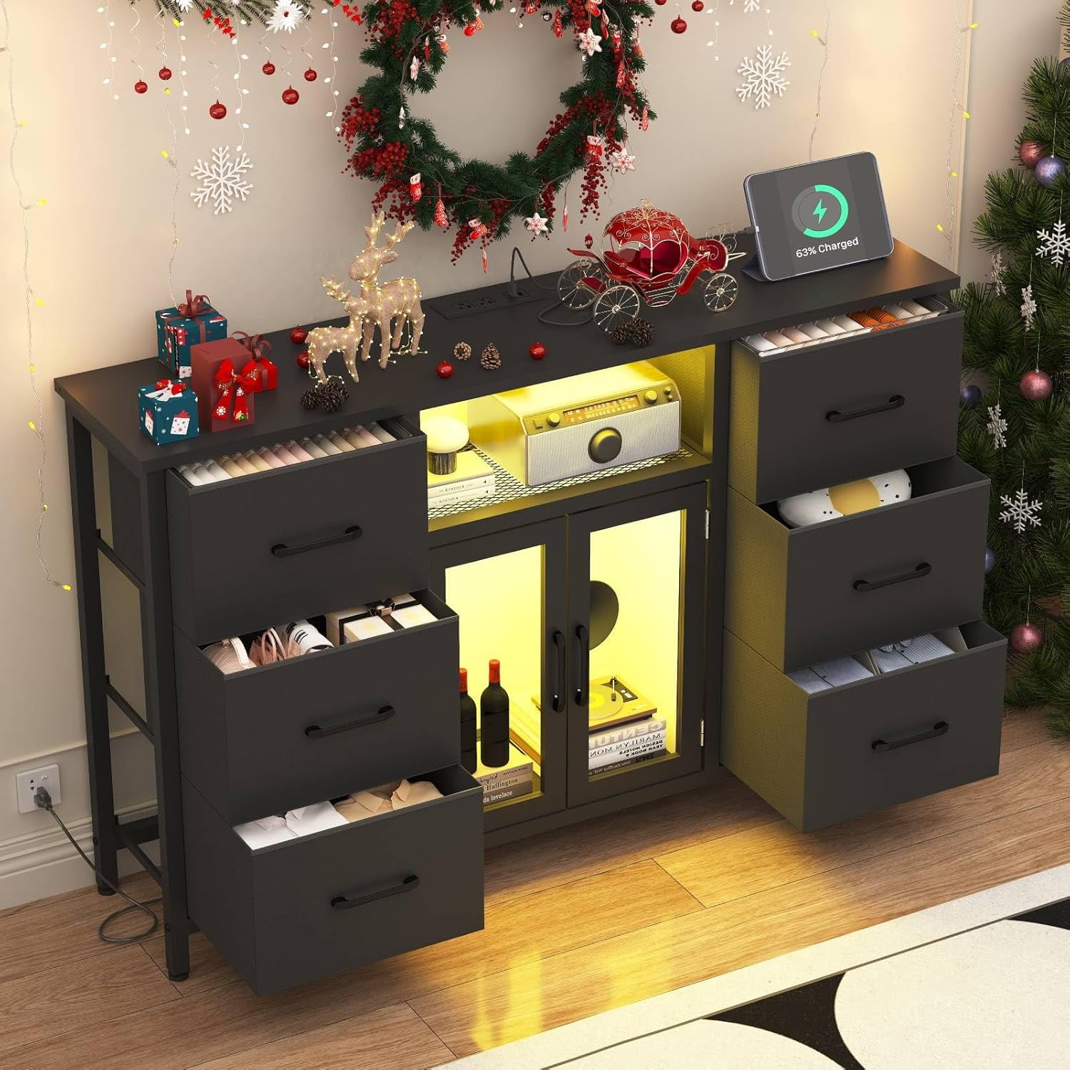 ZALIX Black Dresser TV Stand for Bedroom with Charging Station for 60 ...