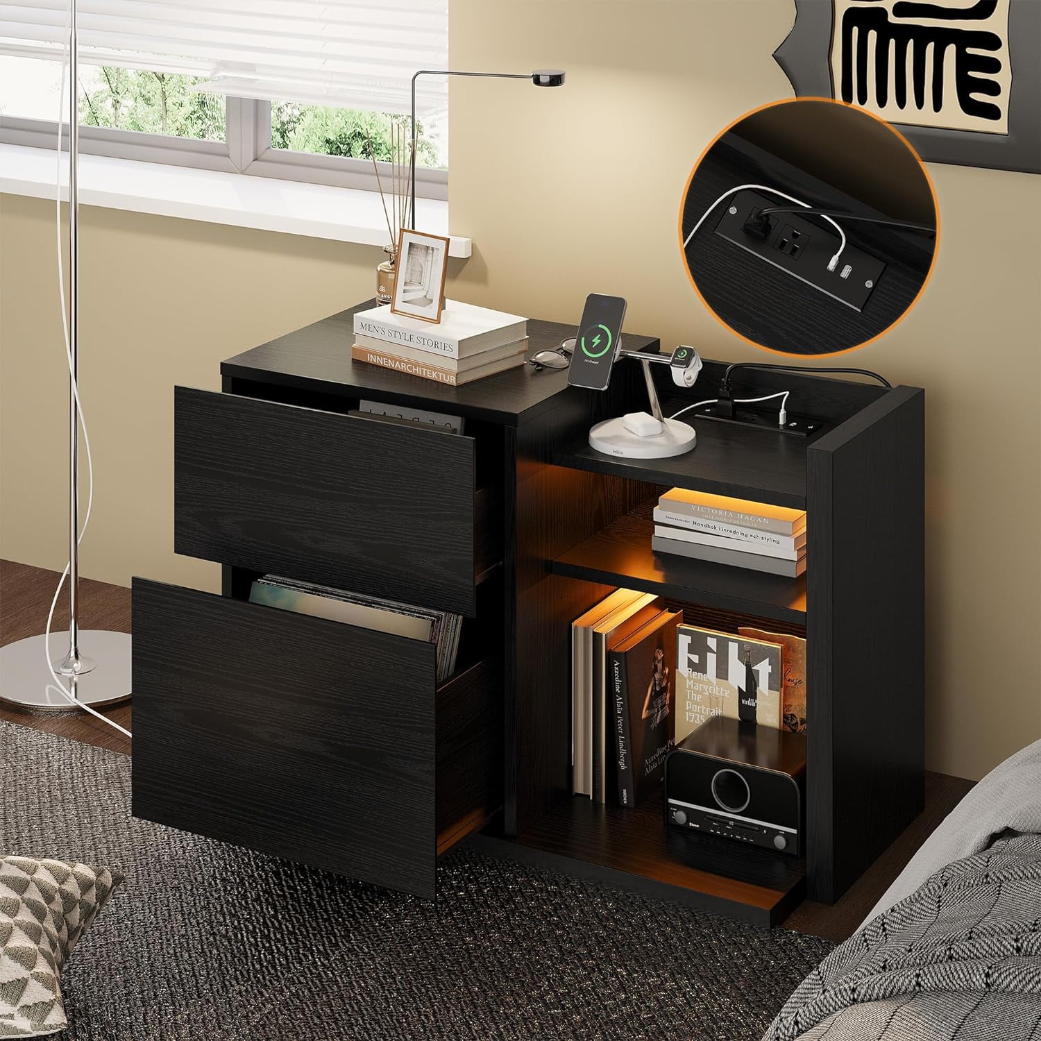 ZALIX Black Night Stand with Shelves, Charging Station & 2 Drawer ...