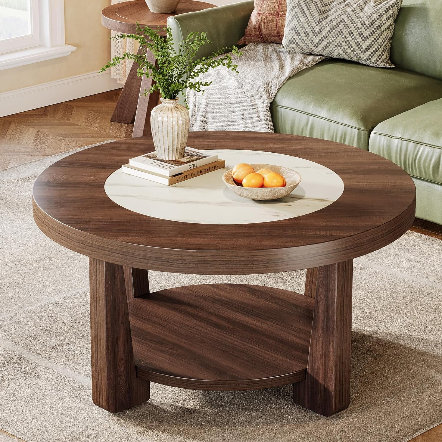 ZALIX Coffee Table, 2-Tier Round Coffee Table with Heavy-Duty Wood ...
