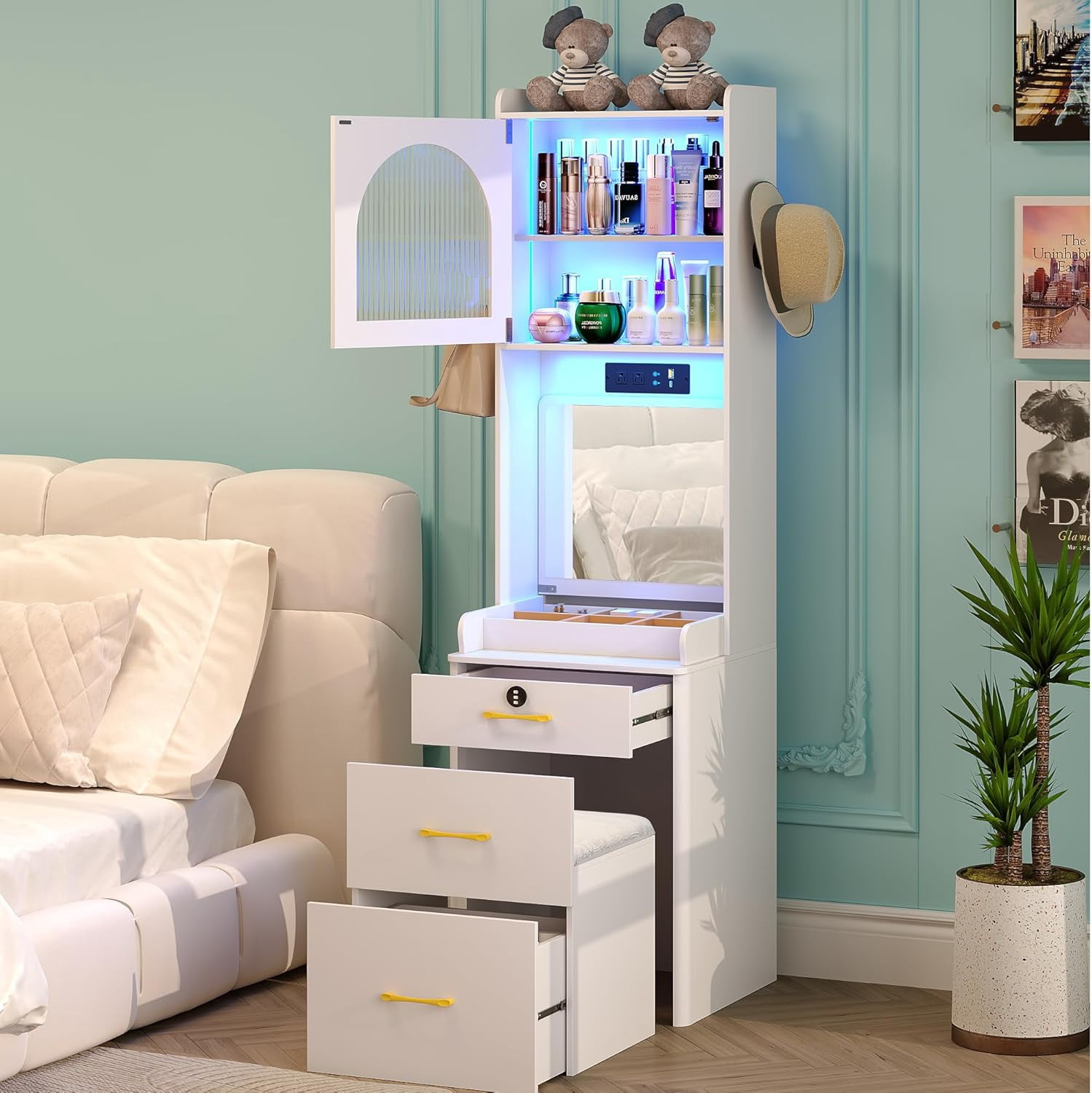 ZALIX Farmhouse Makeup Vanity Desk with Adjustable LED Lights, Charging ...