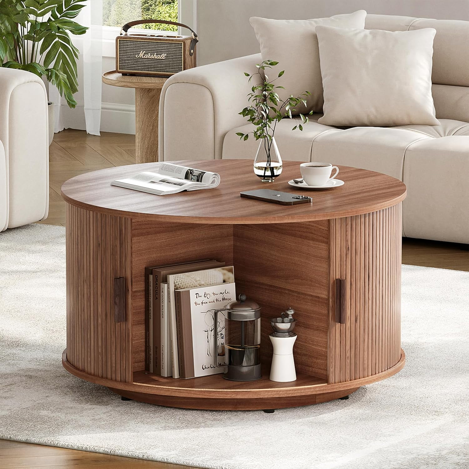 ZALIX Round Coffee Table, 31.5" Drum Coffee Table with Sliding Tambour ...