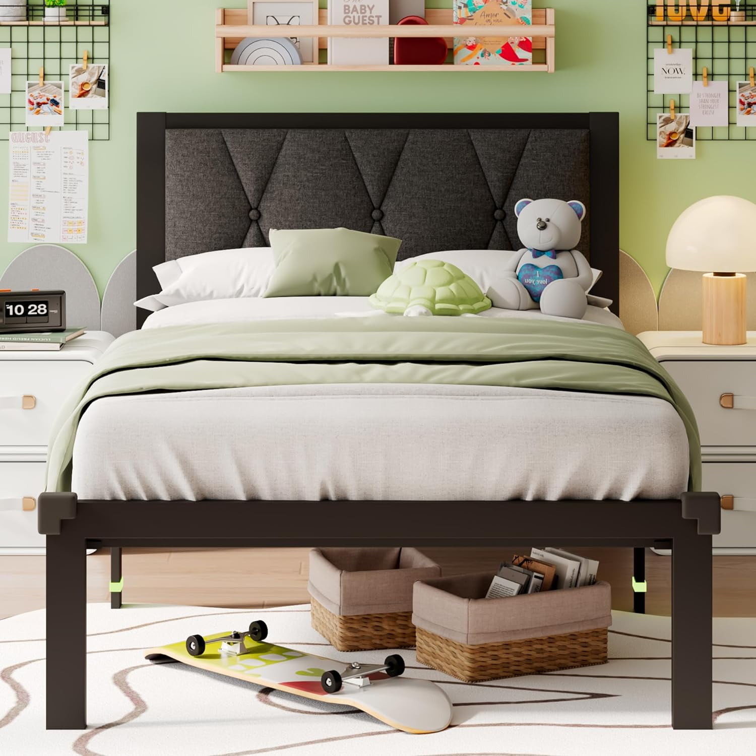 ZALIX Twin Metal Bed Frame, Linen Platform Bed with Button Tufted ...