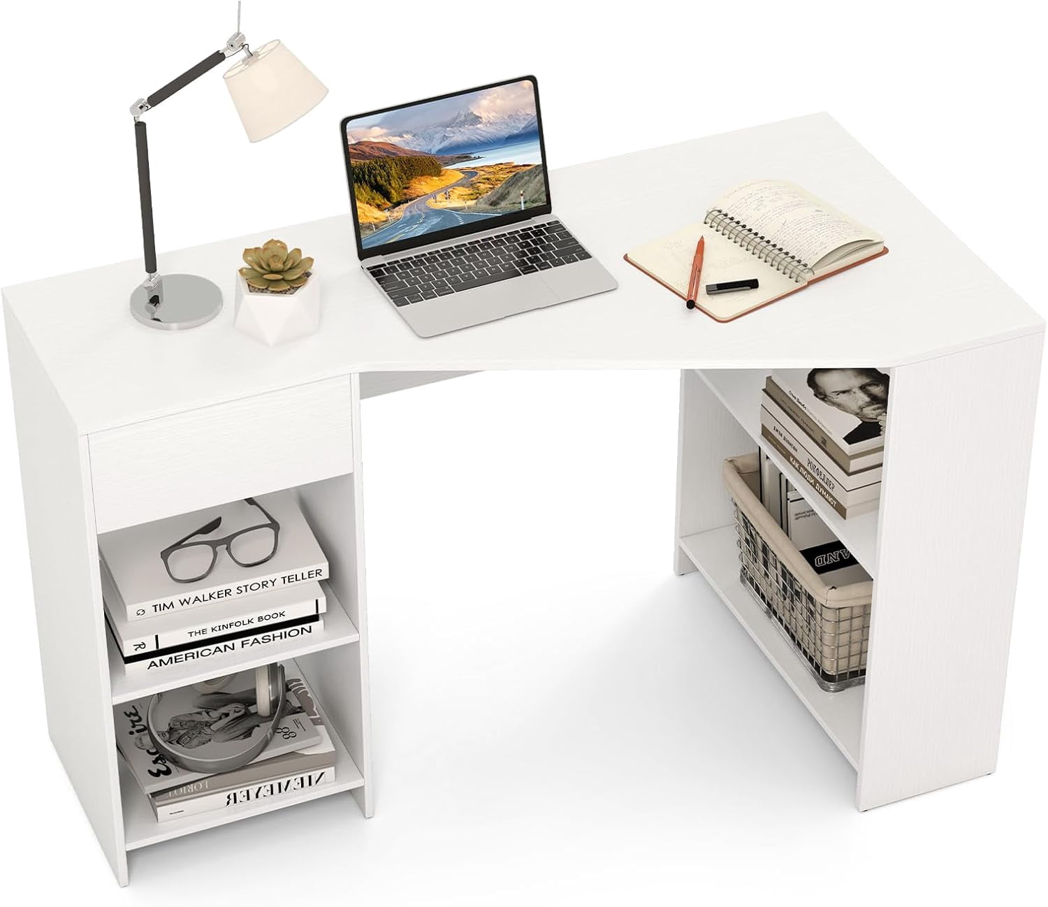 ZALIX White Desk with Storage Drawer & 4 Shelves, Space Saving Corner ...