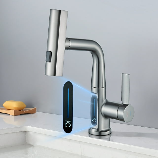 ZAMERY Single Handle Basin Sink Pull Out Faucet with Rainfall Spray ...