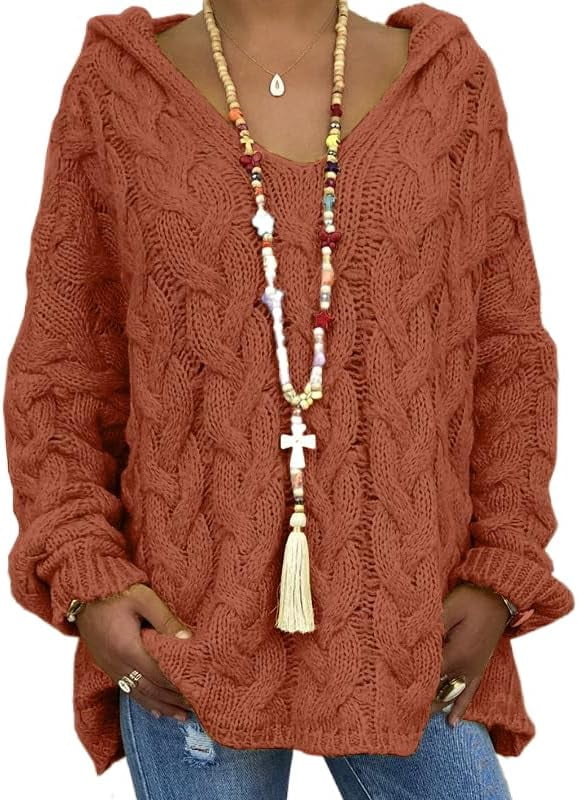 ZANKLEY Women's Oversized Chunky Cable Knit Pullover Hooded Sweaters V ...