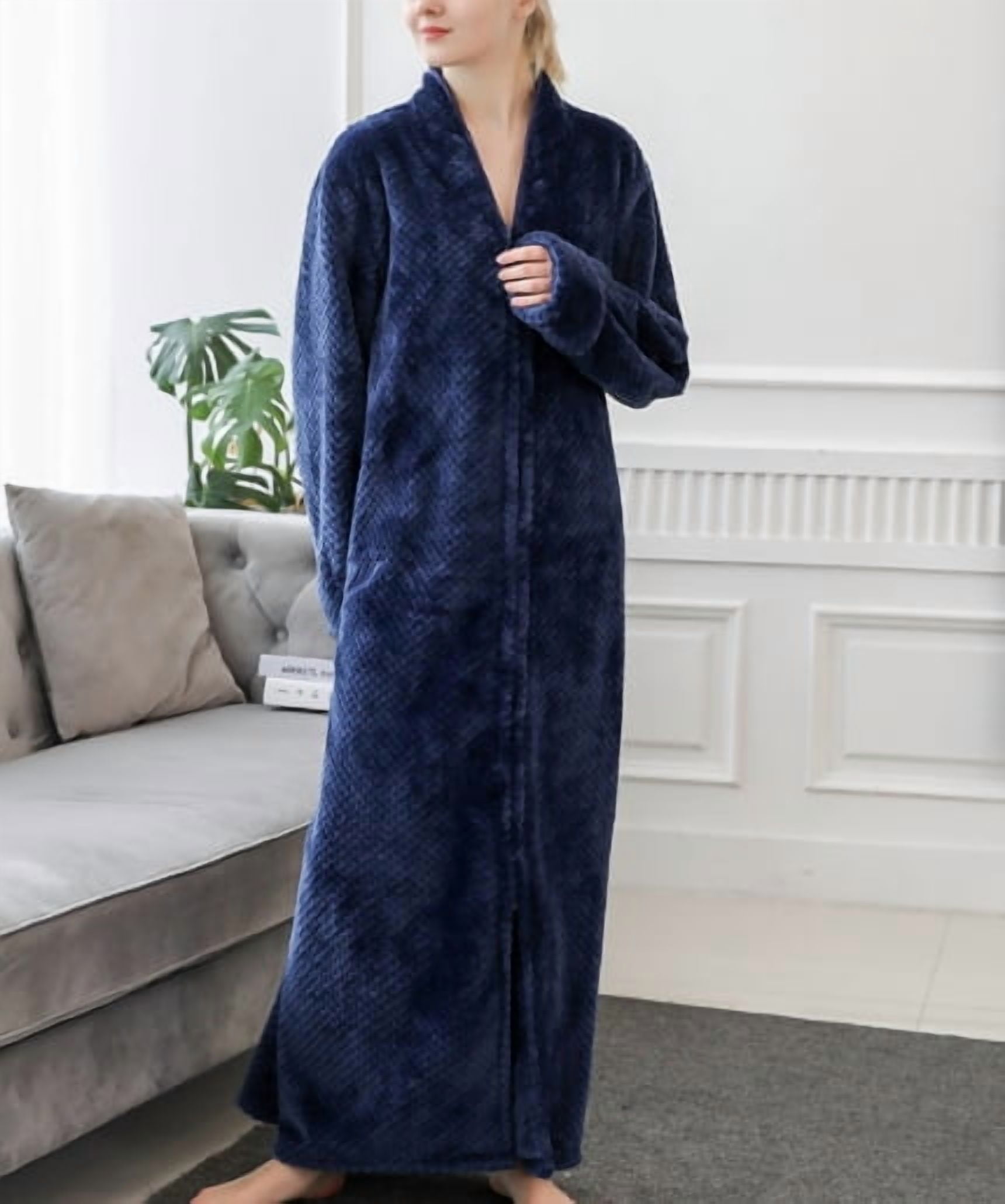 ZANKLEY Womens Robes Warm Plush Winter Robe, Zip up Long Bath Robes ...