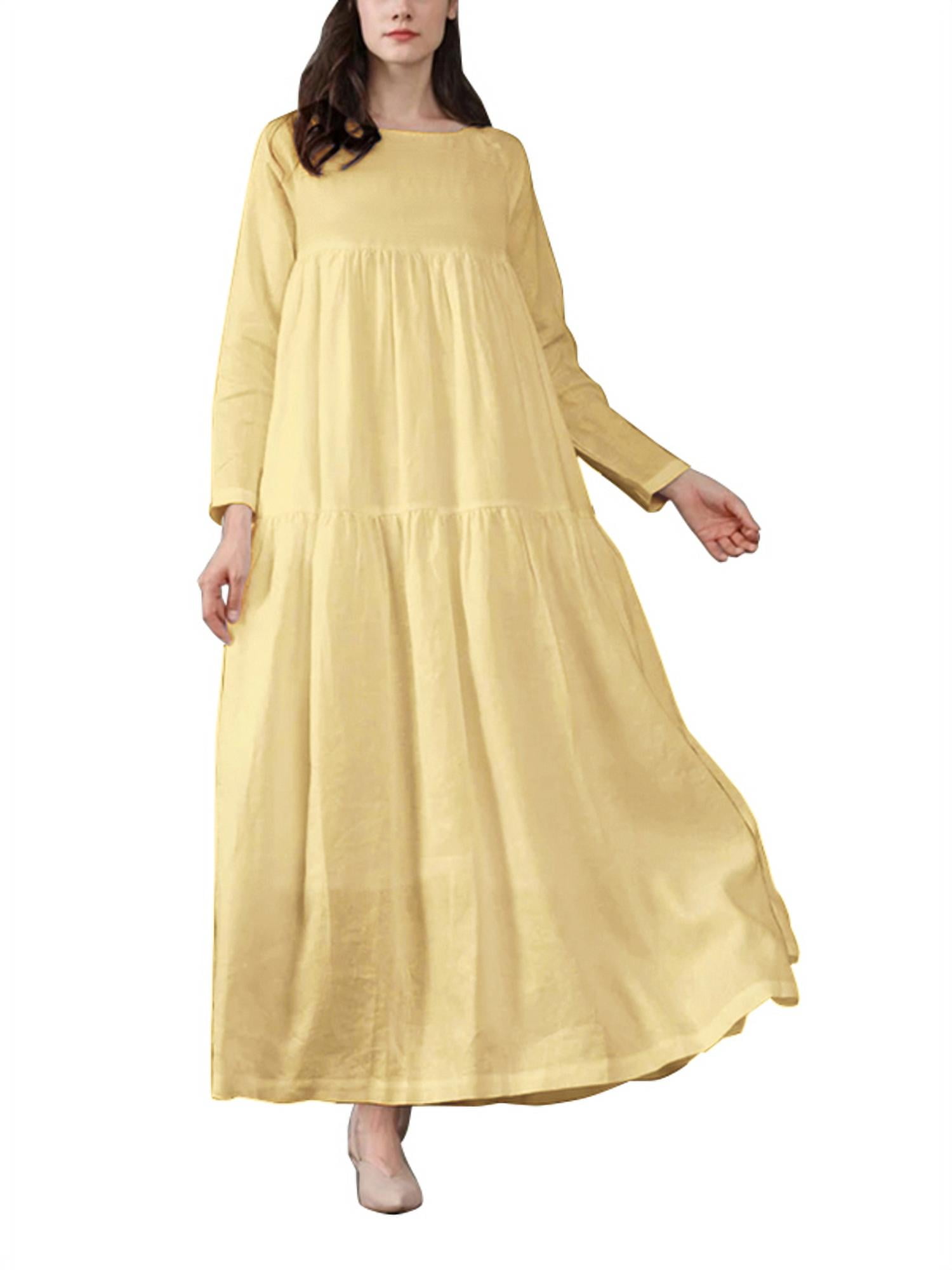 ZANZEA Women Bohemian Solid Color Long Dress O-Neck Ruffl Hem Swing ...