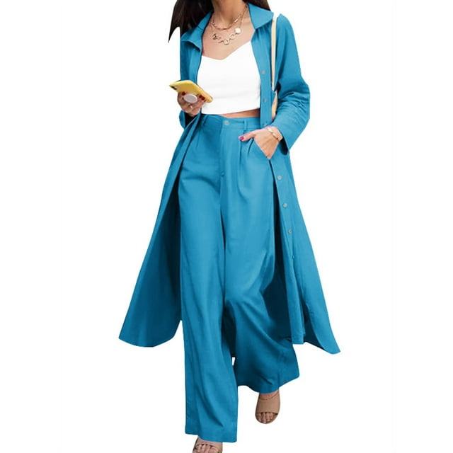 ZANZEA Women Business Set Long Sleeve Blouse and High Waist Wide Leg ...