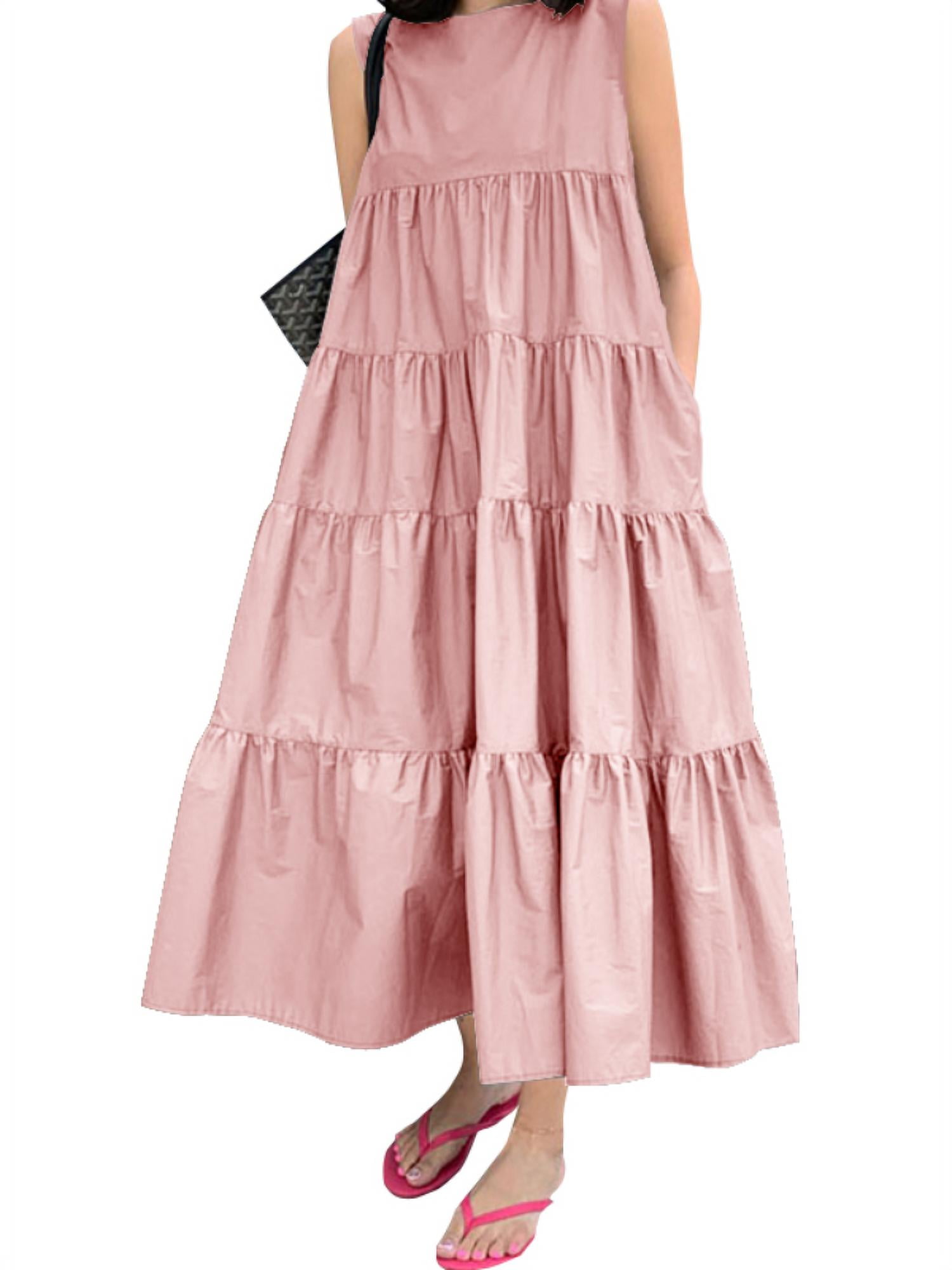 ZANZEA Women's Casual Sleeveless Swing Maxi Dress with Ruffle Hem and ...