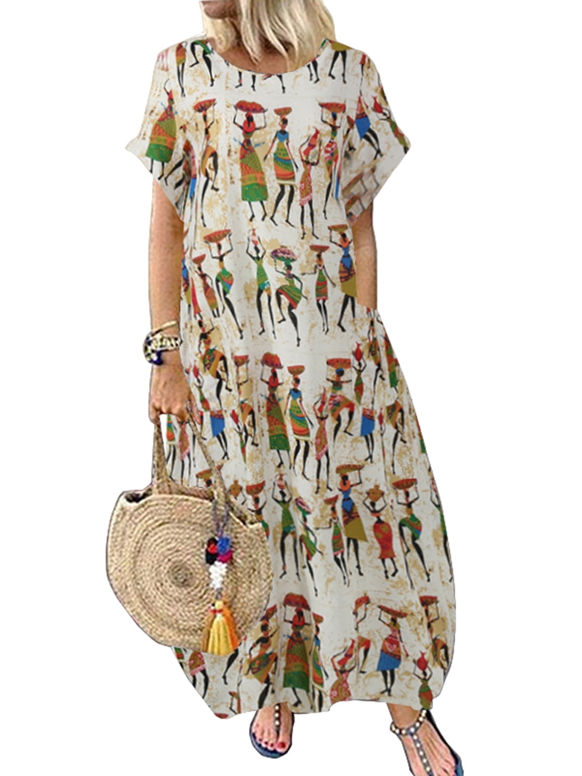 ZANZEA Women Casual Vintage Round Neck Print Loose Long Dress - Walmart.com