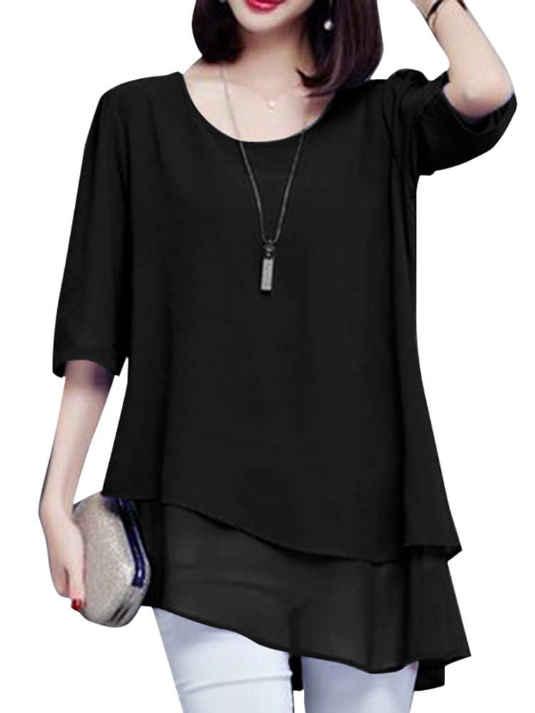 ZANZEA Women Crew Neck 3/4 Sleeve Blouse Double Layer Tops Shirts ...