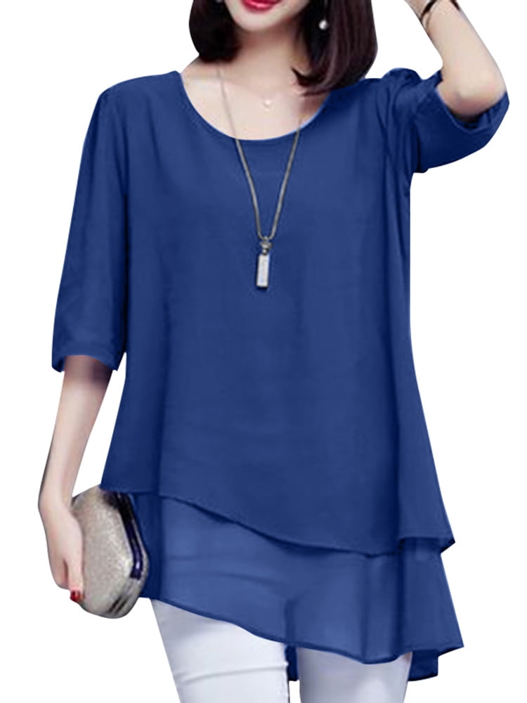 ZANZEA Women Crew Neck 3/4 Sleeve Blouse Double Layer Tops Shirts ...