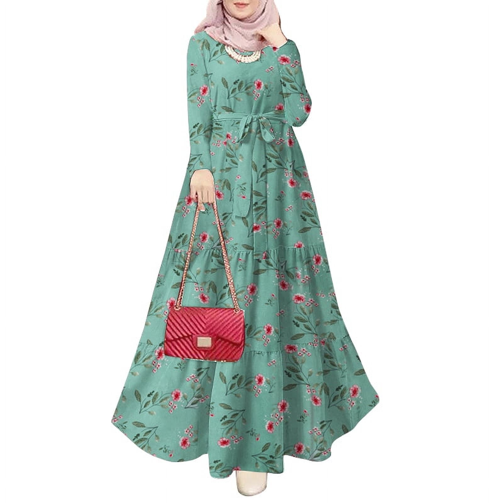 ZANZEA Women Floral Print Long Sleeve Belt Muslim Abayas Holiday Party ...