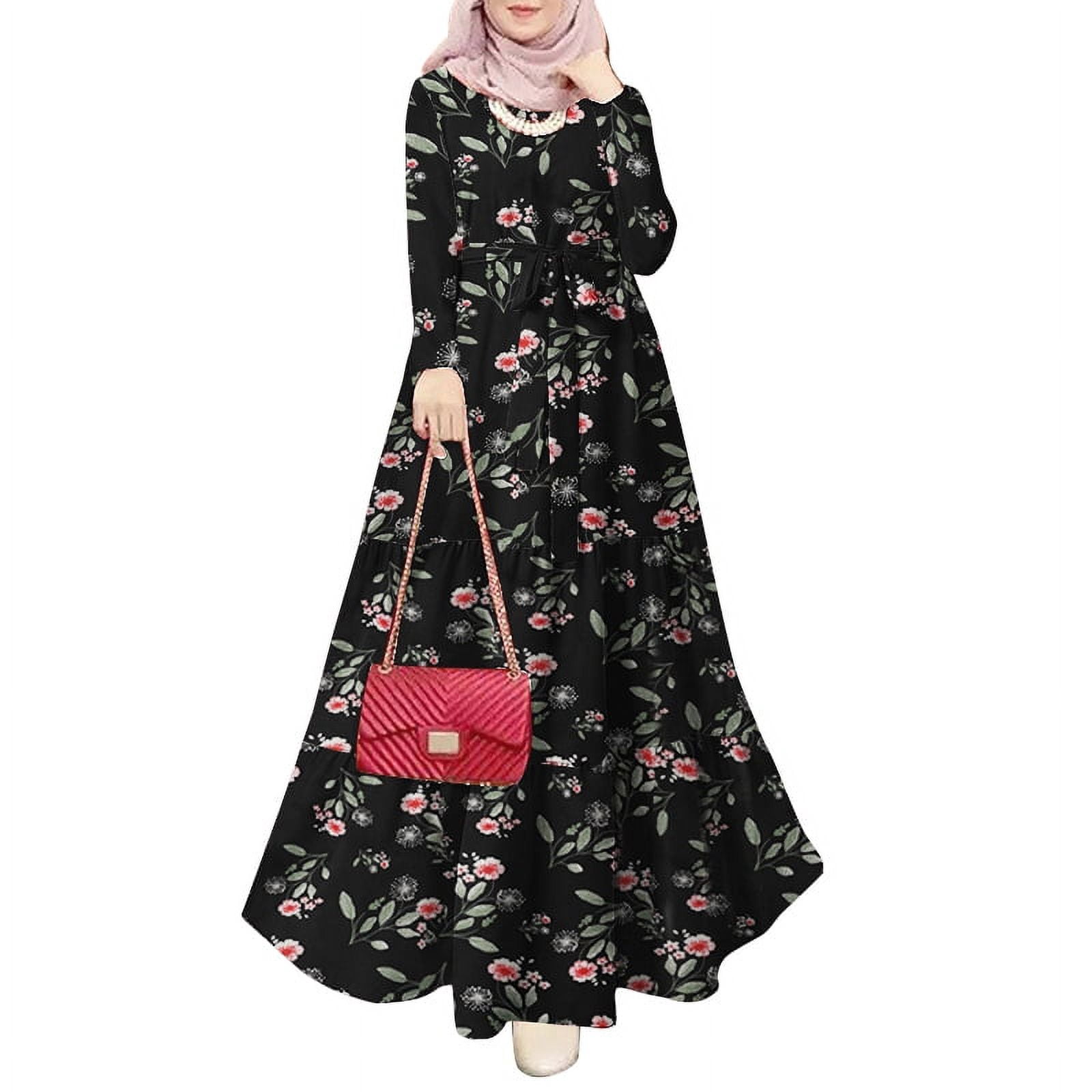 ZANZEA Women Floral Print Long Sleeve Belt Muslim Abayas Holiday Party ...