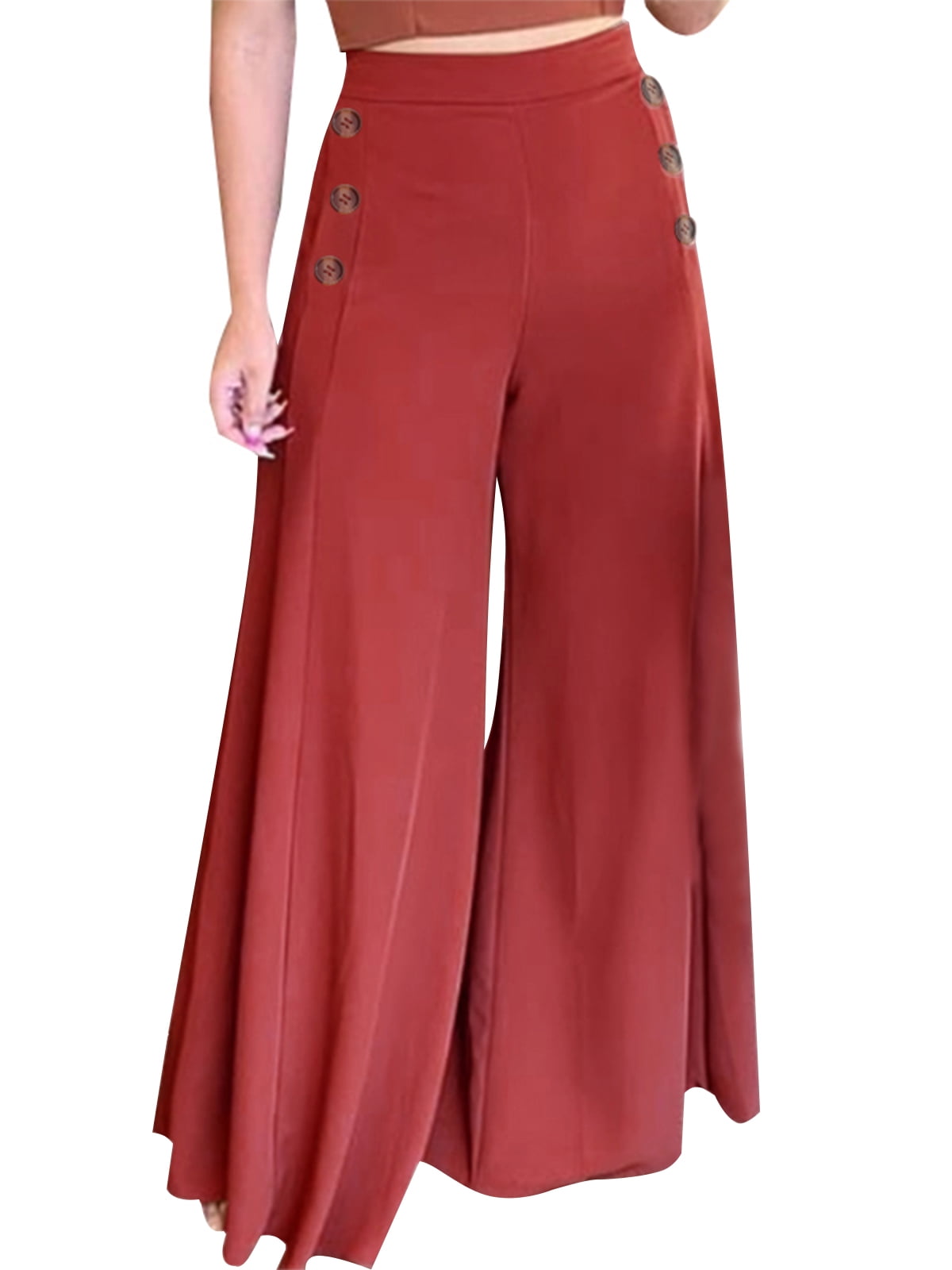 ZANZEA Women Leisure Wide Leg Elastic Waist Decorative Buttons Pants ...