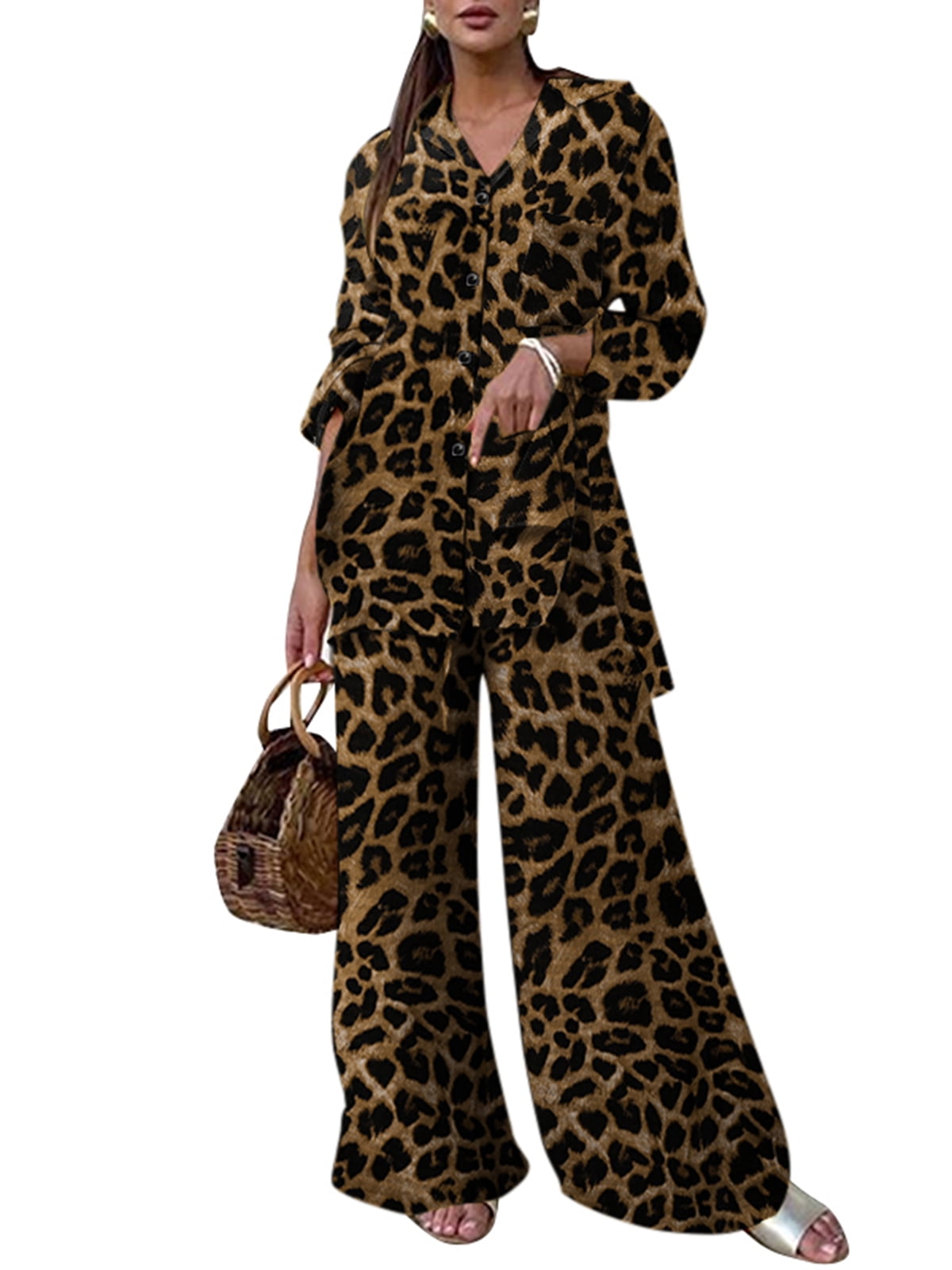 ZANZEA Women Leopard Print Long Sleeve Tops and Long Pants Elegant ...