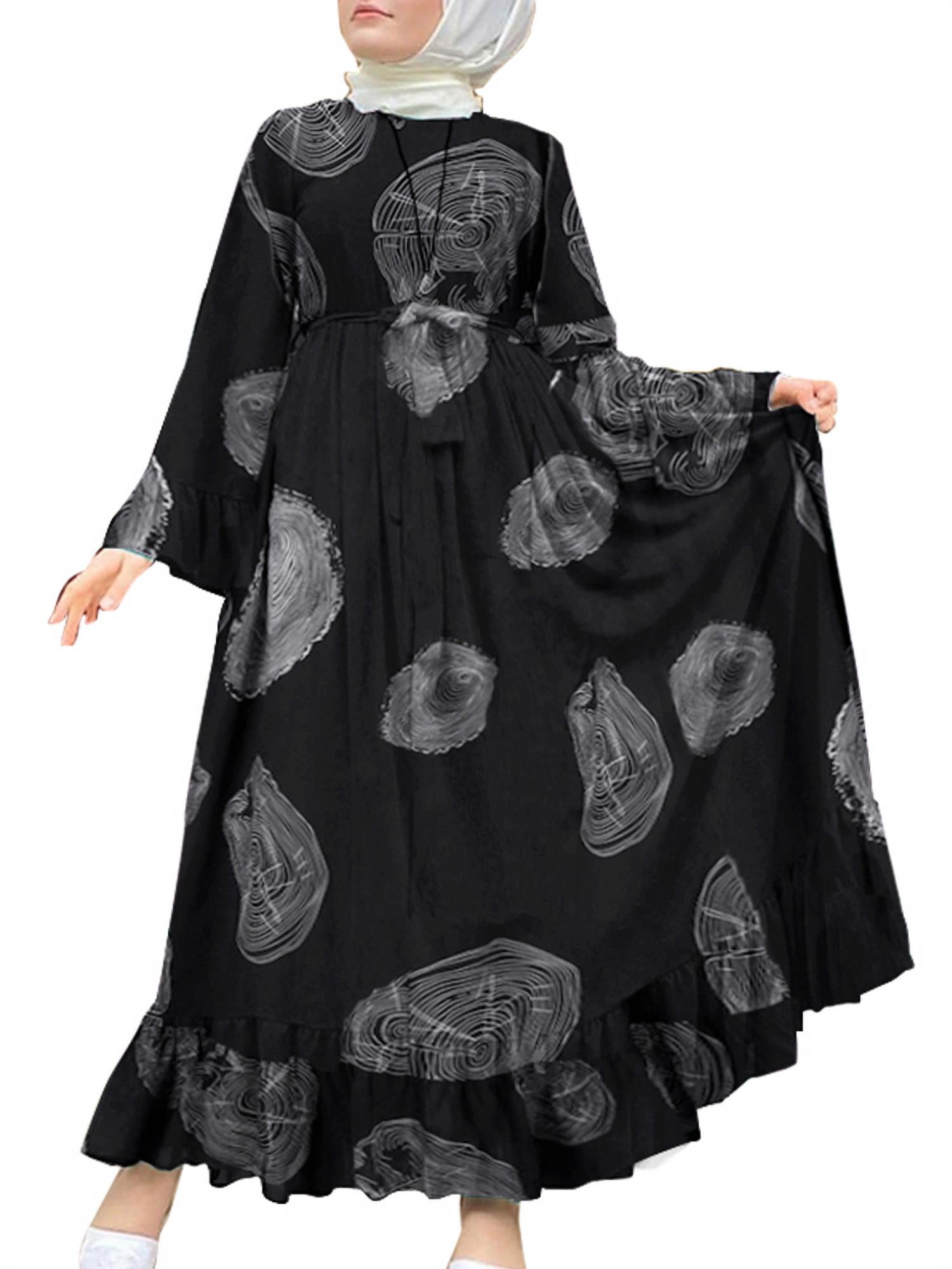 ZANZEA Women Long Sleeve Ruffled Hem Belted Muslim Dress Islamic Maxi ...