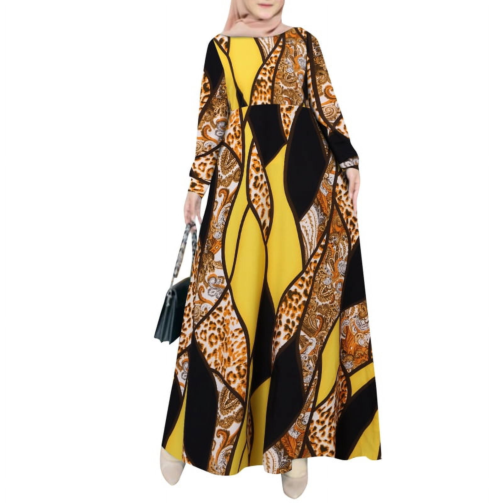 ZANZEA Women Muslim Retro Printed Long Sleeve Raya Kaftan Maxi Long ...
