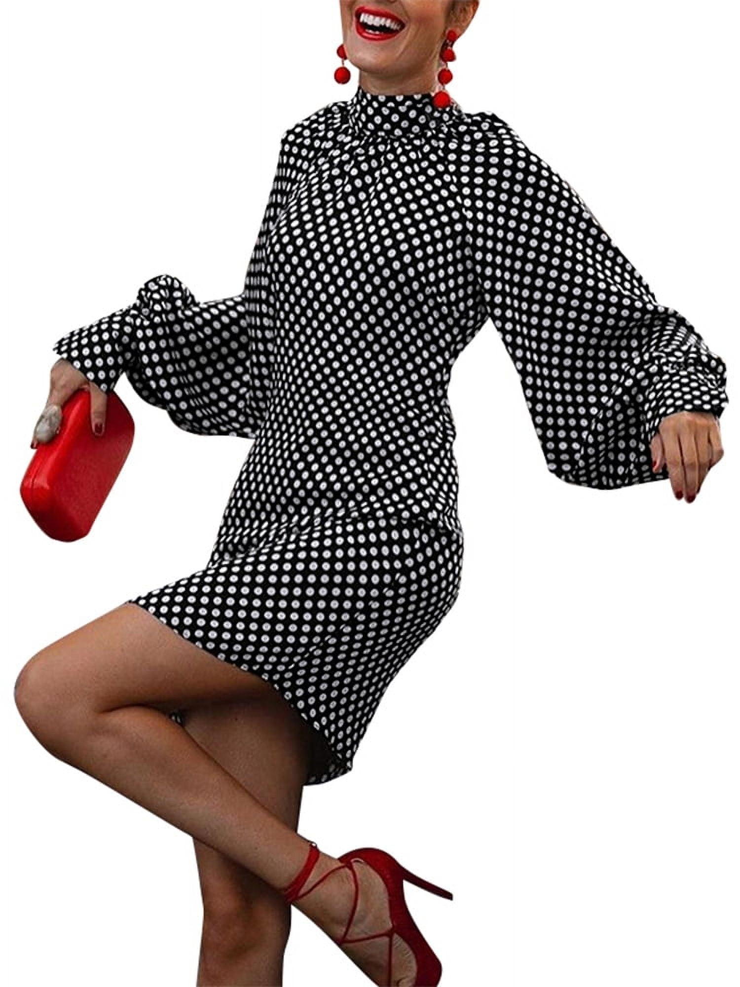 ZANZEA Women Party Turtleneck Puff Long Sleeves Polka Dot Print Dress ...