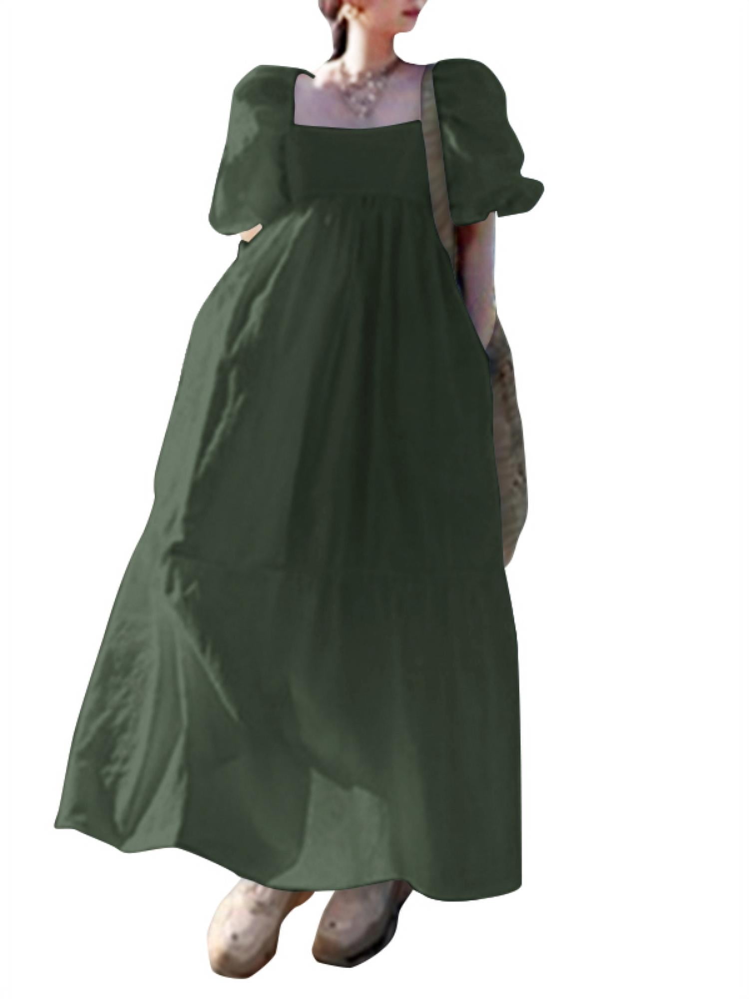 ZANZEA Women Puff Sleeve Casual Long Dress Square Neck Kaftan Maxi ...