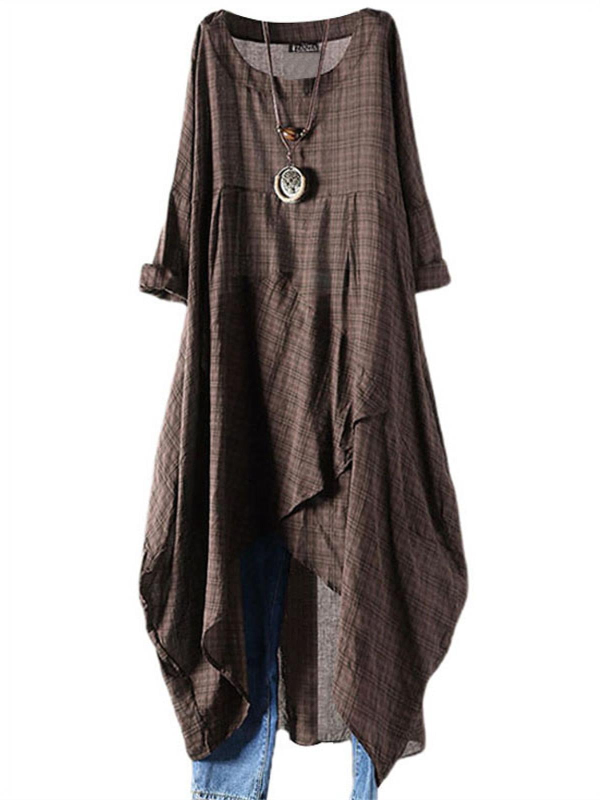 ZANZEA Women Round Neck Long Sleeve Grid Dress Light Weight Thin Dress ...