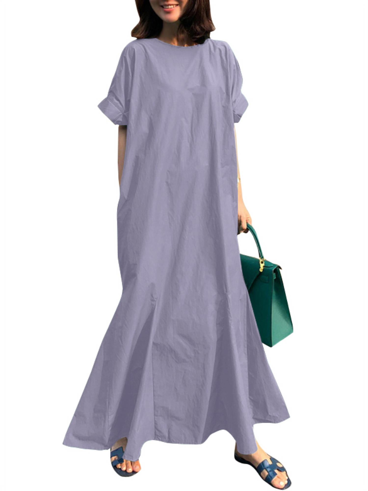 ZANZEA Women Short Sleeve Button Down Back Swing Solid Color Long Dress ...