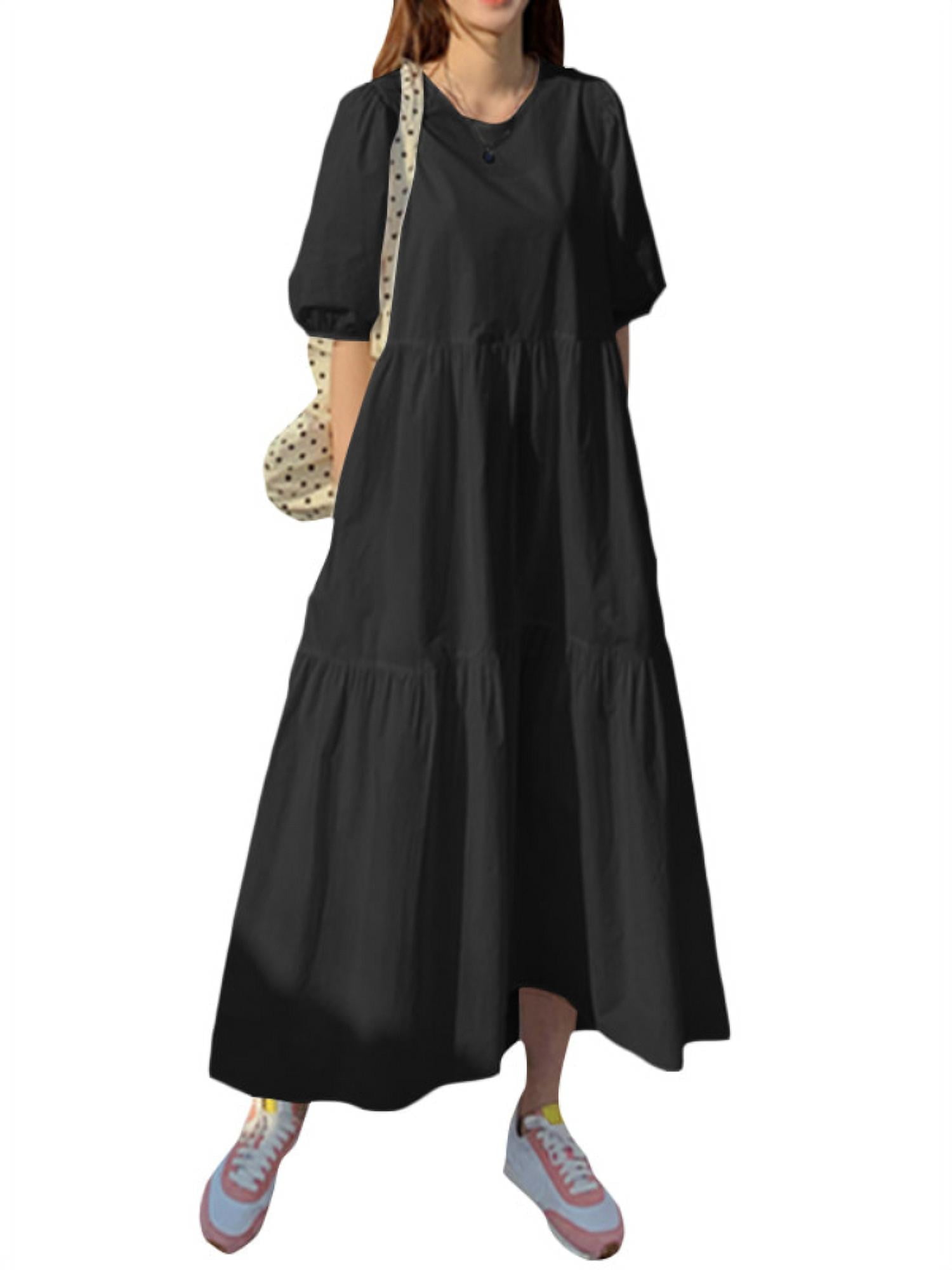 ZANZEA Women Short Sleeved Kaftan Long Dress Solid Color Ruffled Maxi ...