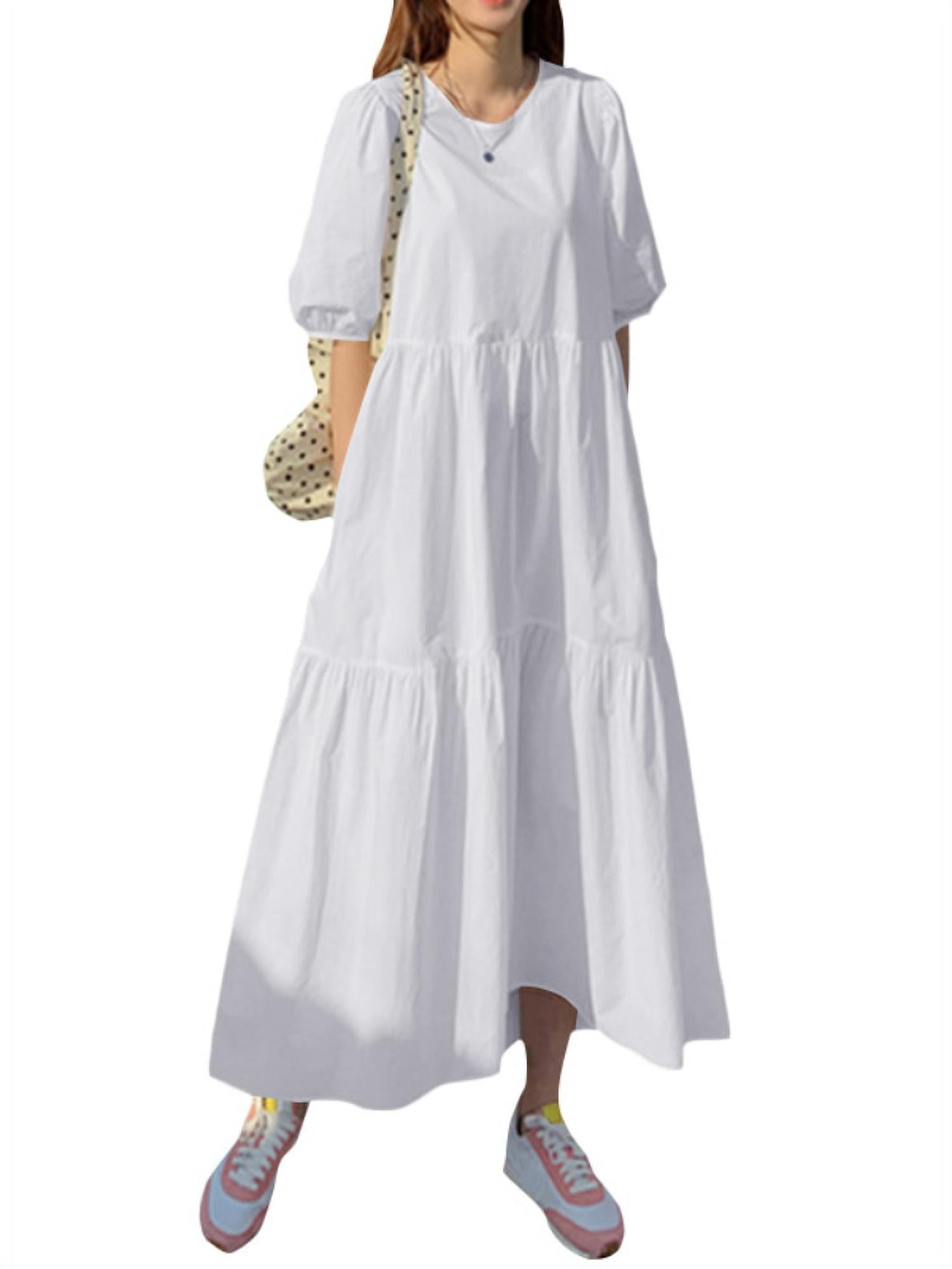 ZANZEA Women Puff Sleeve Casual Solid Ruffle Tiered Dress Summer Holiday Sundress - Walmart.com