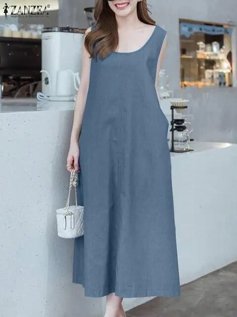 ZANZEA Women Sleeveless Sundress Denim Tank Maxi Dress 2024 Summer ...