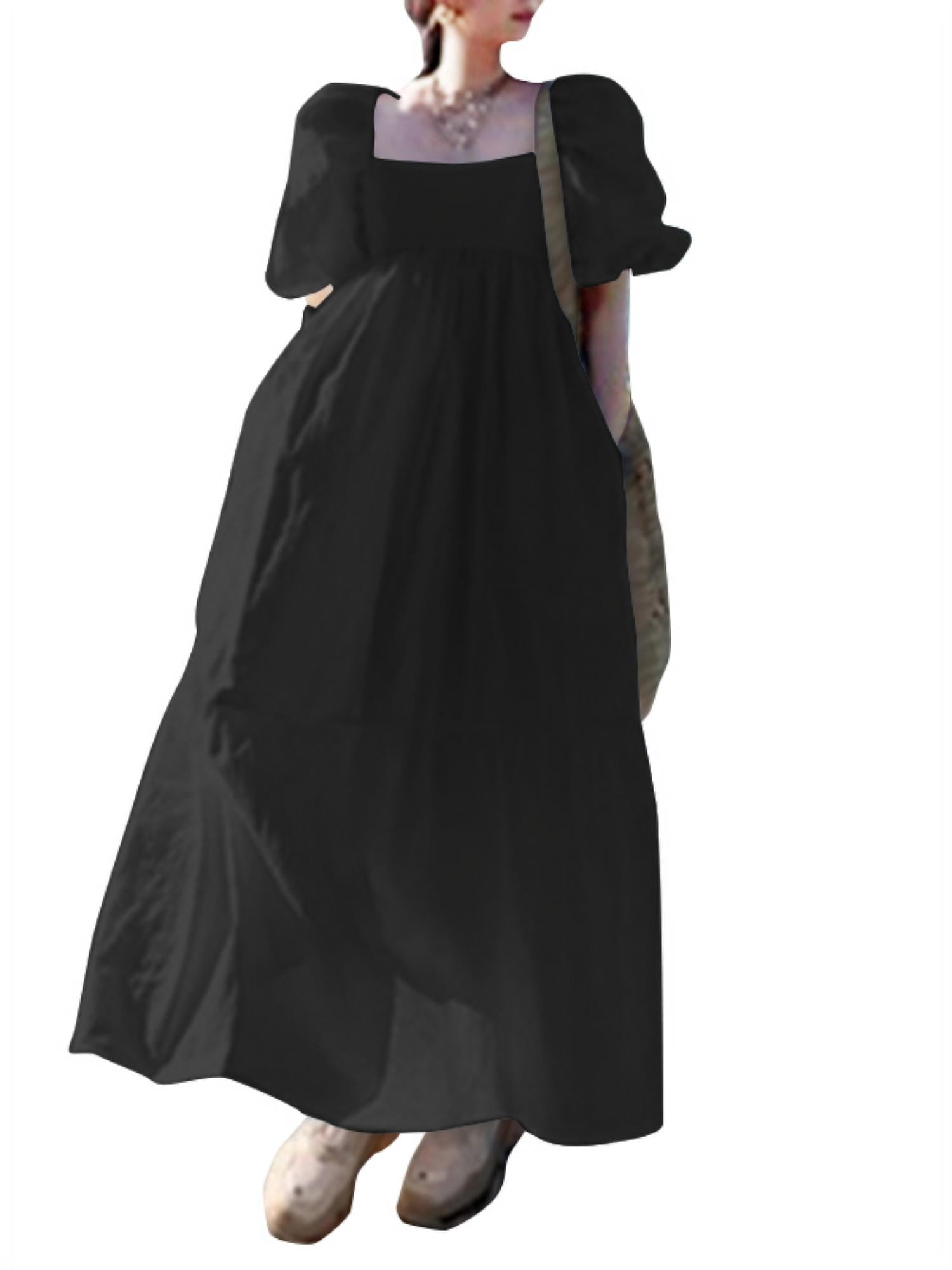 ZANZEA Women Square Neck Vintage Cuffs Puff Sleeve Elastic Maxi Dress ...