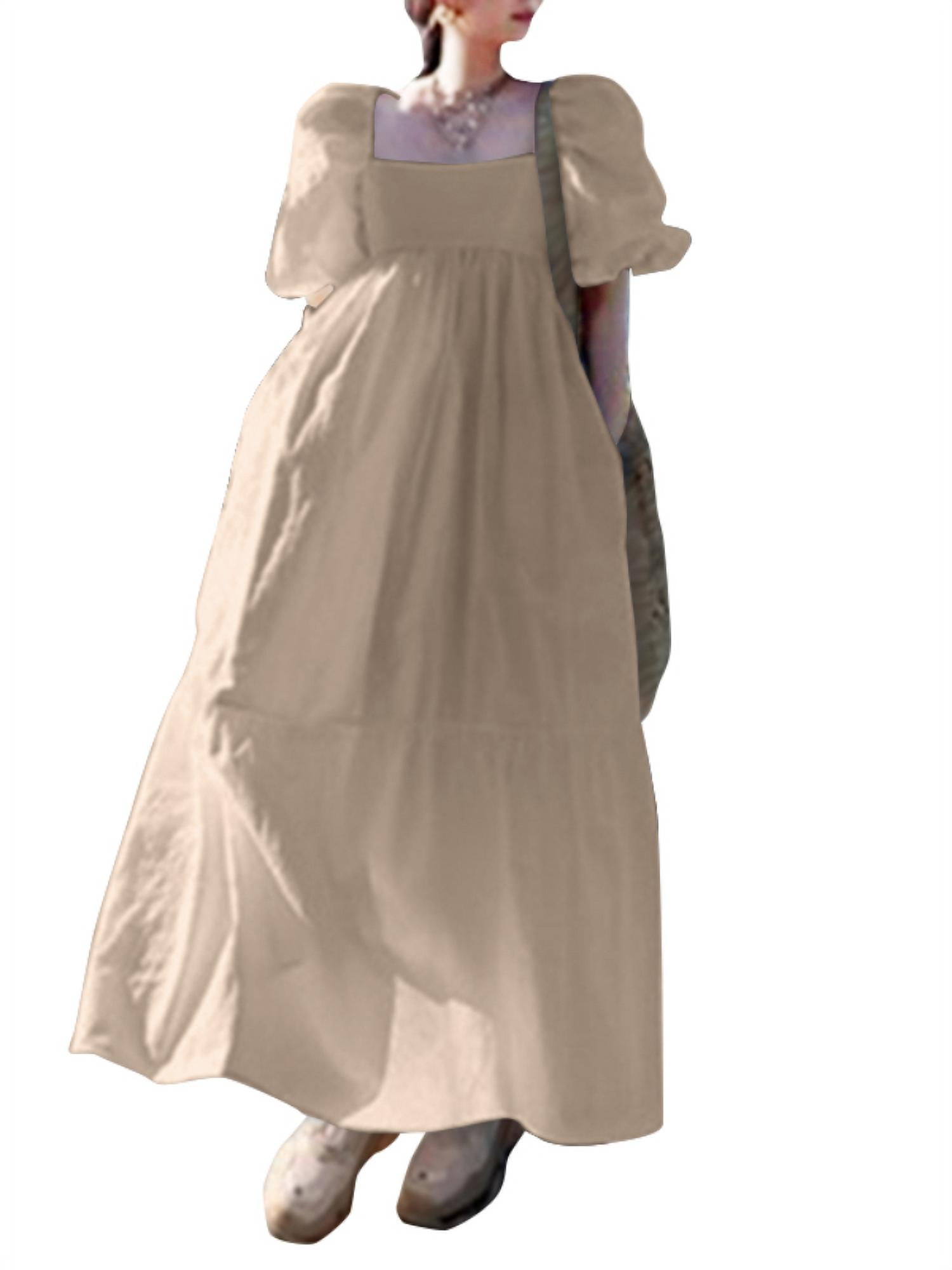 ZANZEA Women Square Neck Vintage Cuffs Puff Sleeve Elastic Maxi Dress ...
