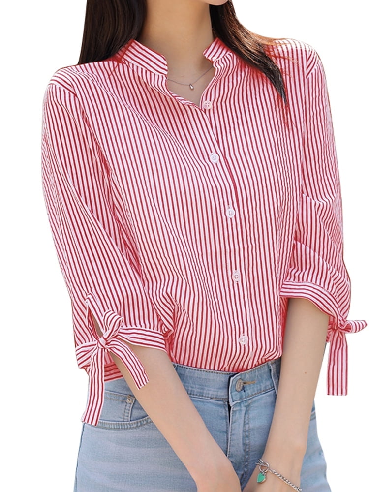 ZANZEA Women Striped Shirts 3/4 Sleeve Button Blouse Casual Loose ...
