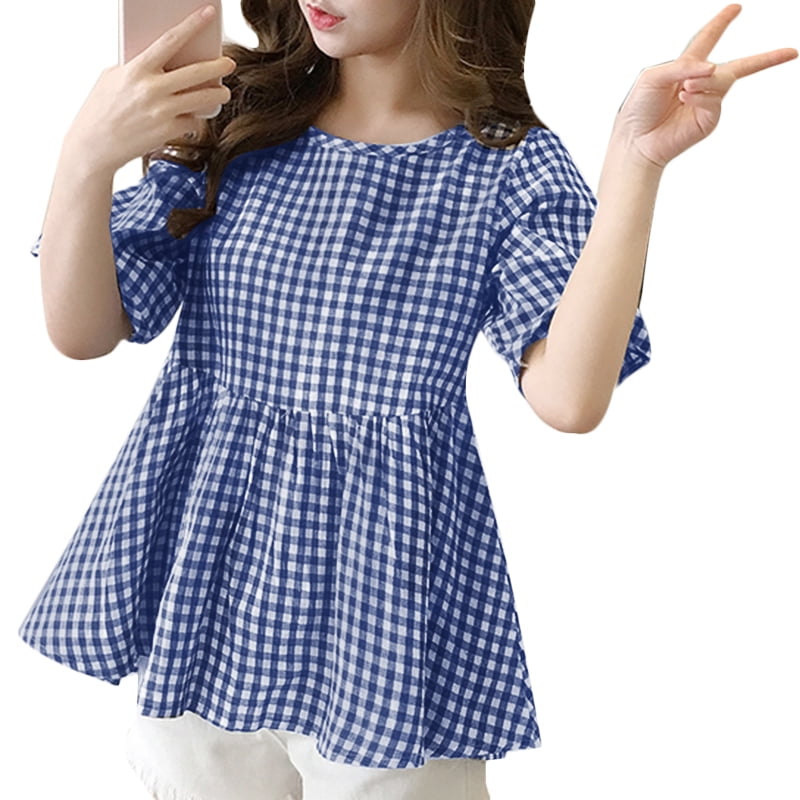 Zanzea Women Vintage Short Sleeve O Neck Plaid Printed Top Shirt