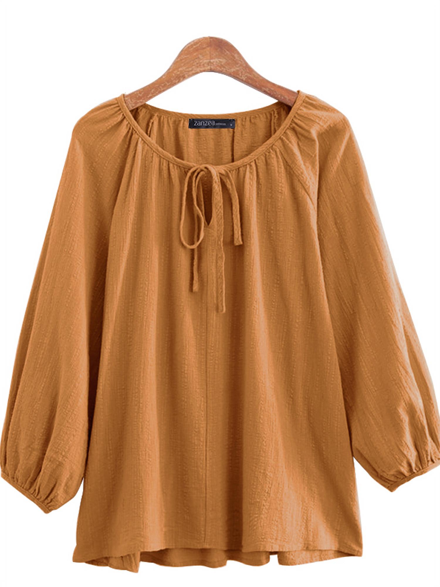 ZANZEA Women's Round Neck 3/4 Sleeve Front Neck Tie Solid Top - Walmart.com