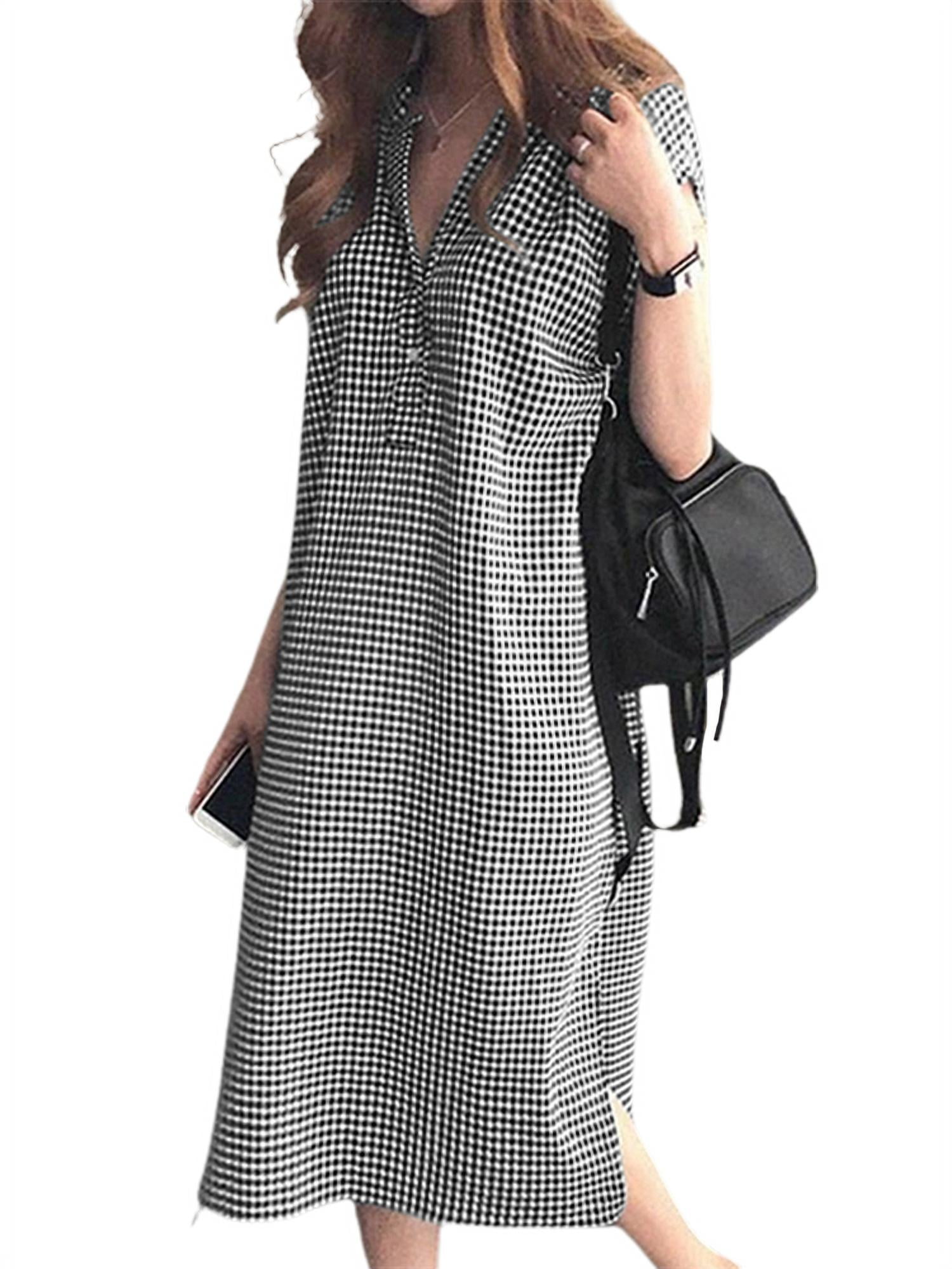 ZANZEA Women's Summer Evening Dress, V-Neck, Plaid, Short Sleeve ...