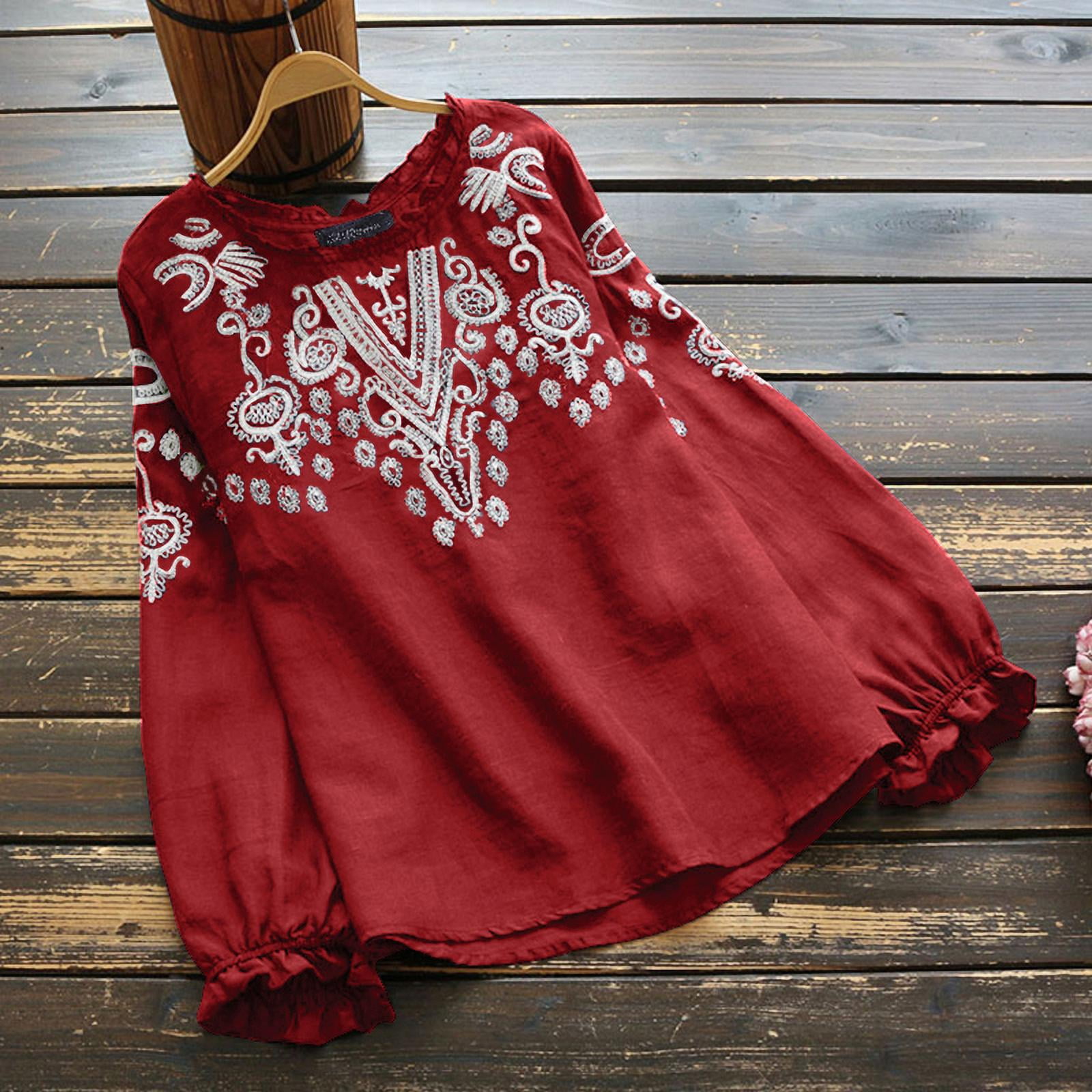 ZANZEA Women's Tops Elastic Cuffs Lantern Sleeve Ethnic Shirt Tops ...