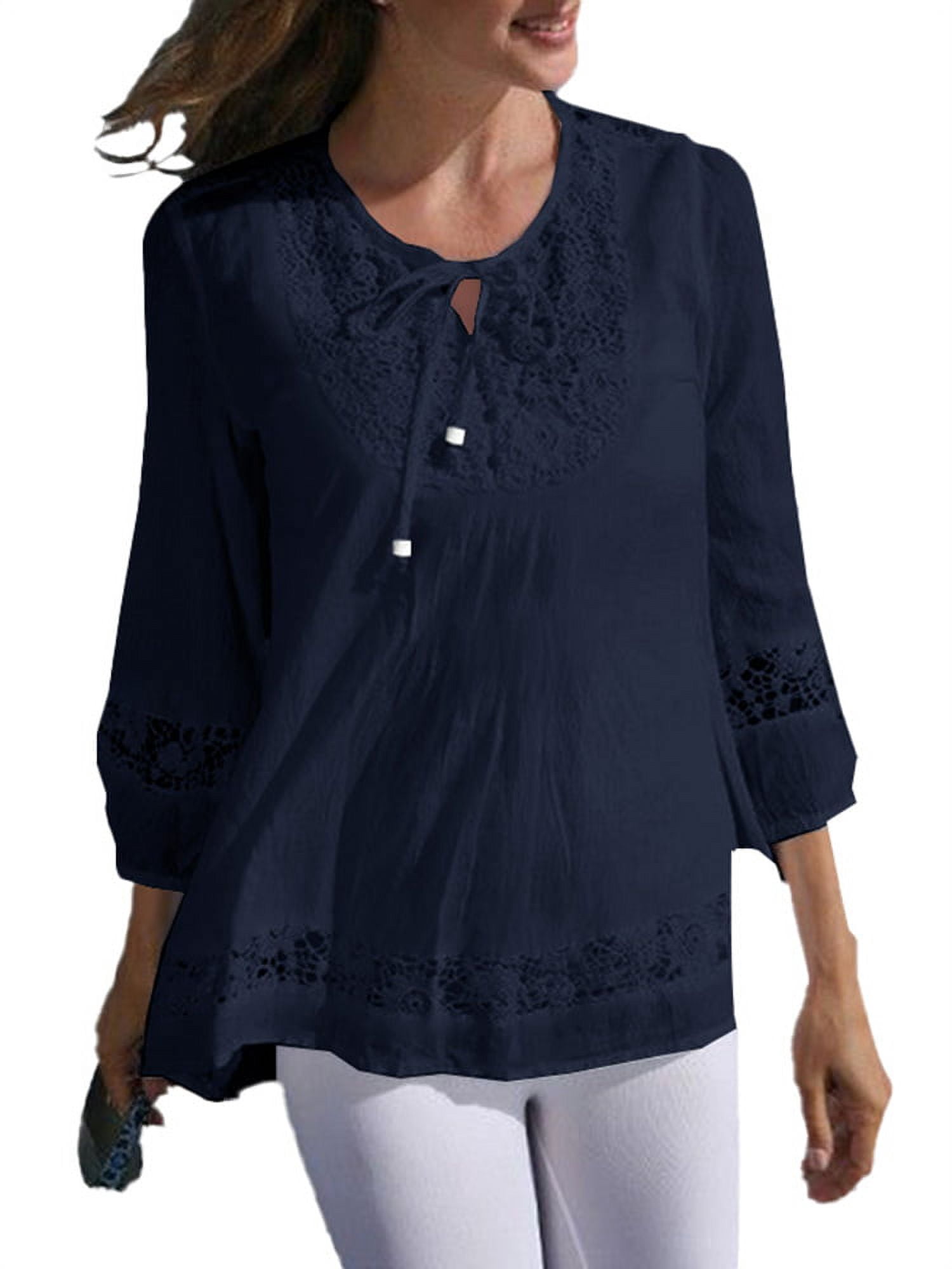 ZANZEA Womens Blouses 3/4 Sleeved Casual Floral Embroidery Baggy Tops ...